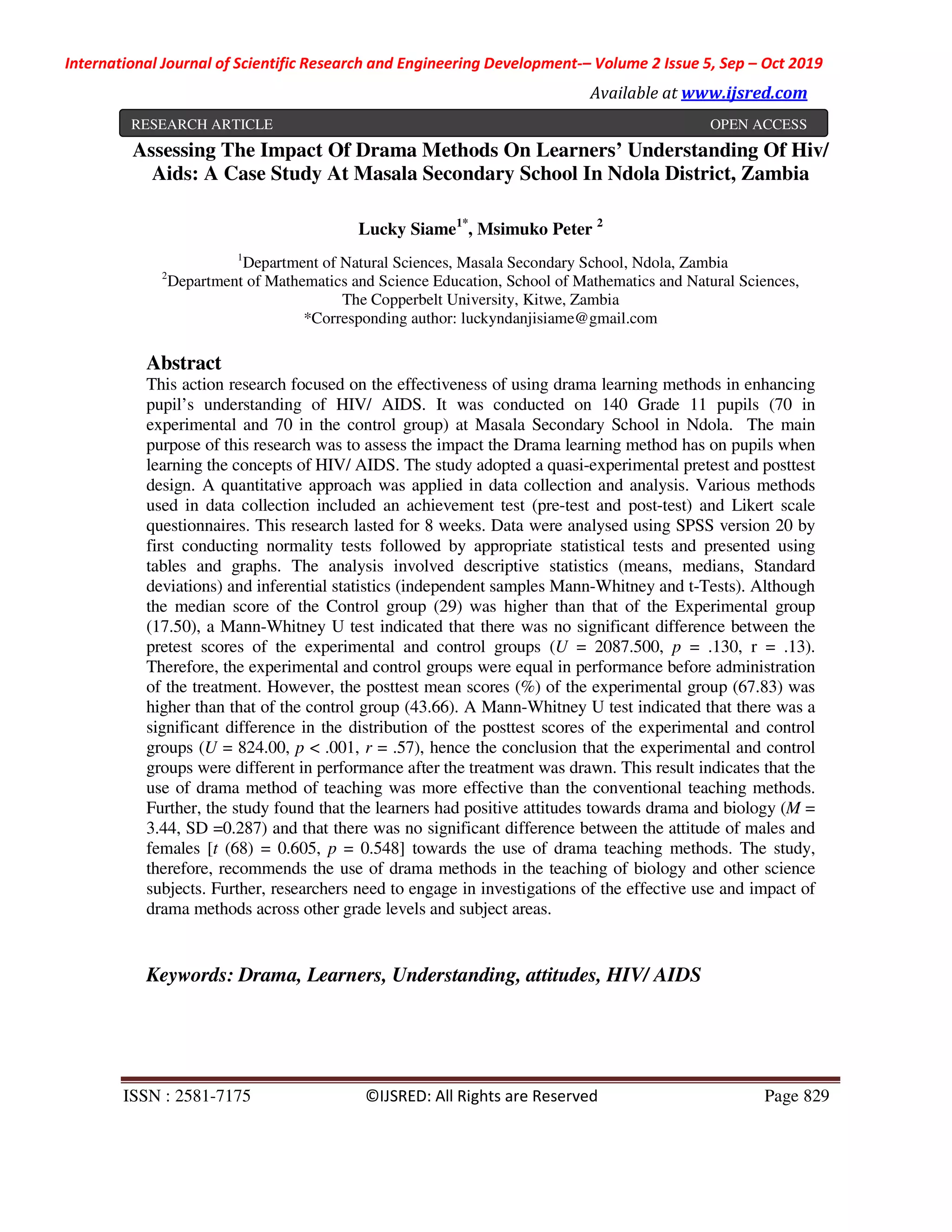 Assessing the Impact Of Drama Methods On Learners’ Understanding Of Hiv/ Aids: A Case Study at ...