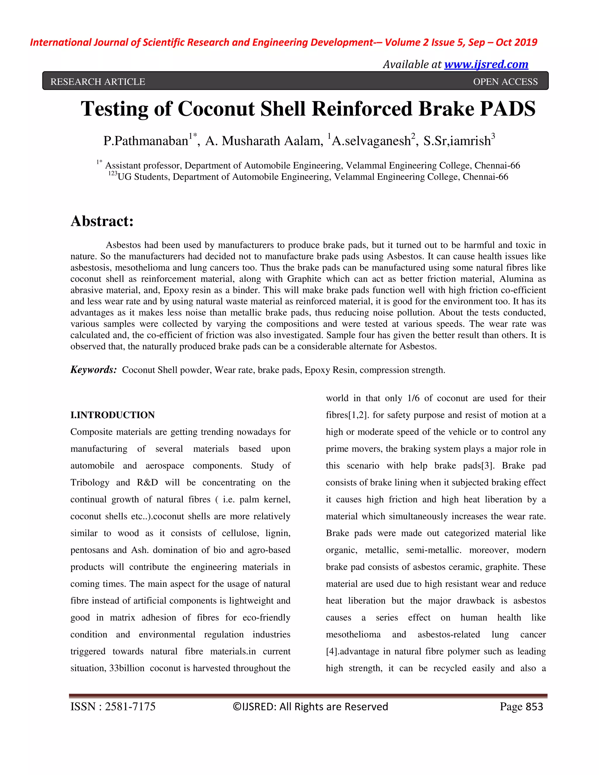Testing of Coconut Shell Reinforced Brake PADS | PDF