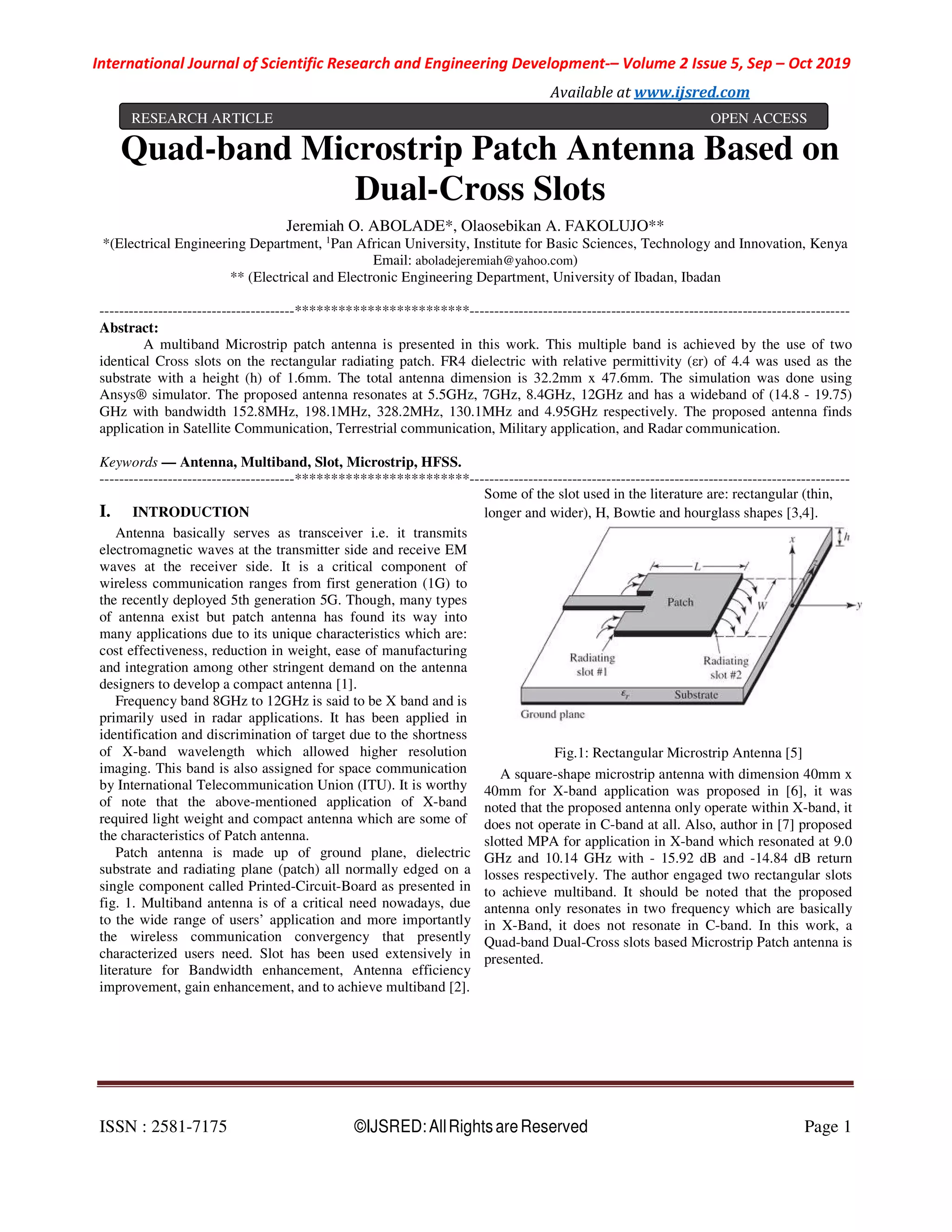 Quad-band Microstrip Patch Antenna Based on Dual-Cross Slots | PDF