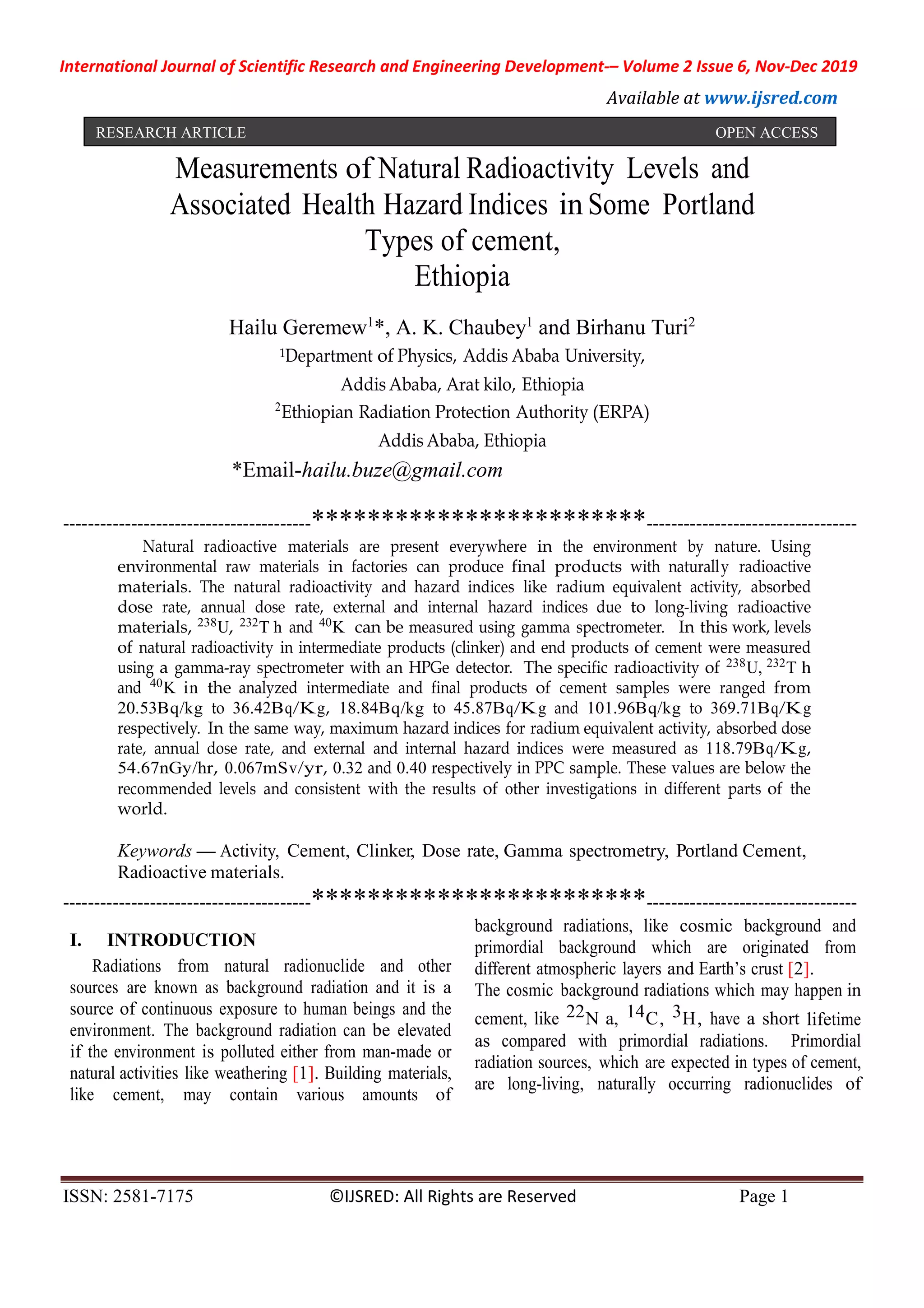 Measurements of Natural Radioactivity Levels and Associated Health ...