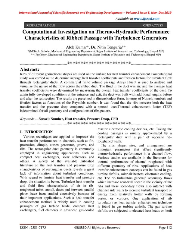 Computational Investigation on Thermo-Hydraulic Performance Characteristics of Ribbed Passage ...