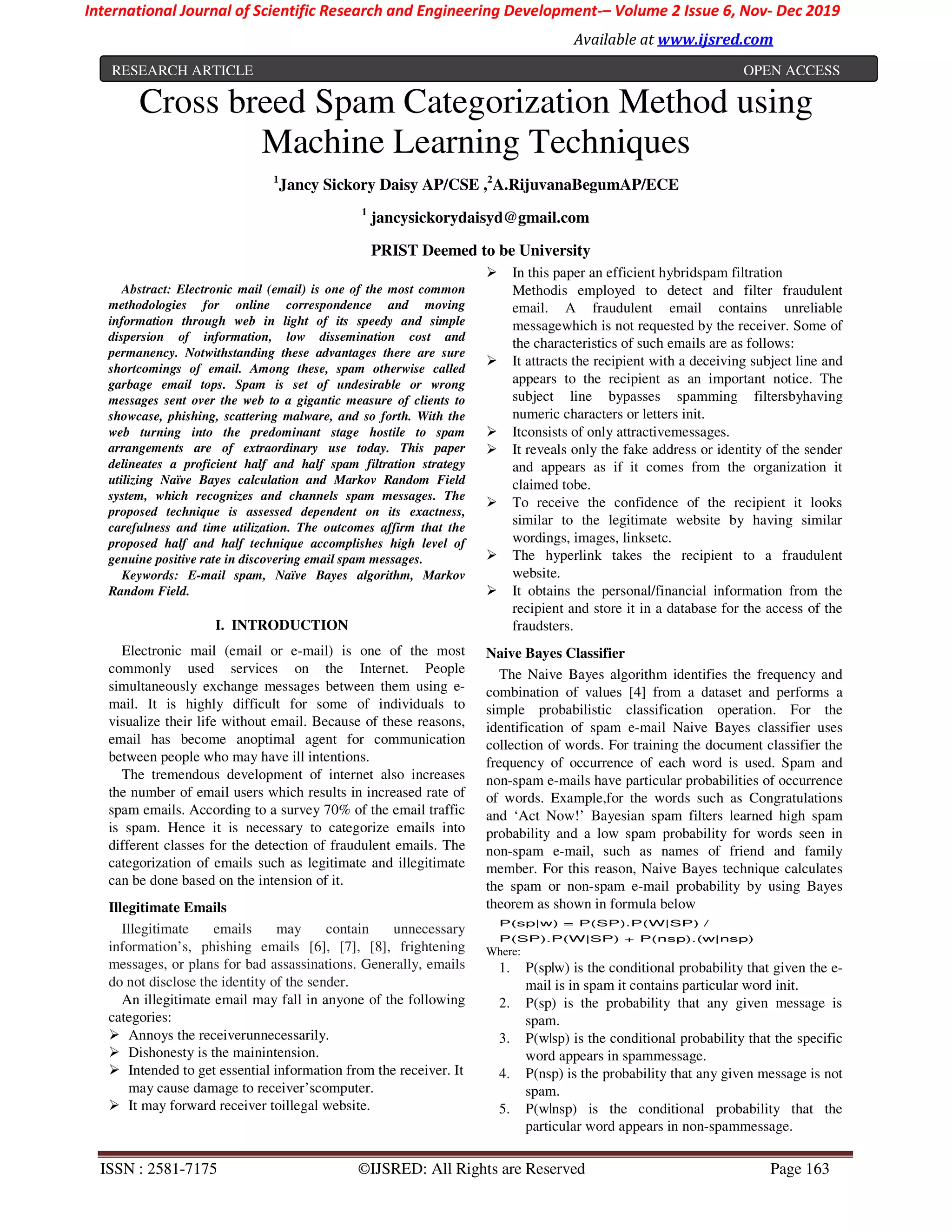 Cross breed Spam Categorization Method using Machine Learning ...