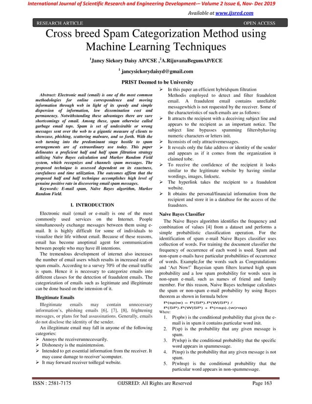 Cross breed Spam Categorization Method using Machine Learning Techniques | PDF