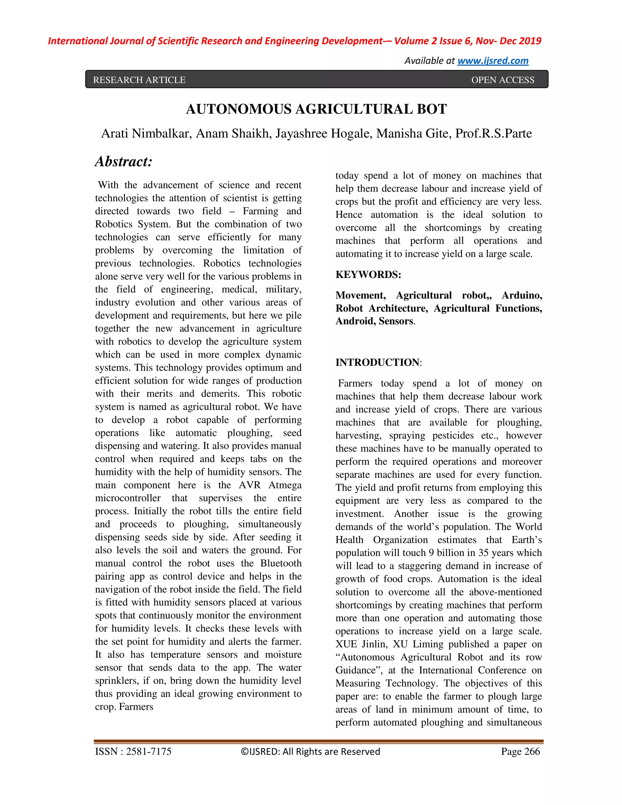 AUTONOMOUS AGRICULTURAL BOT | PDF