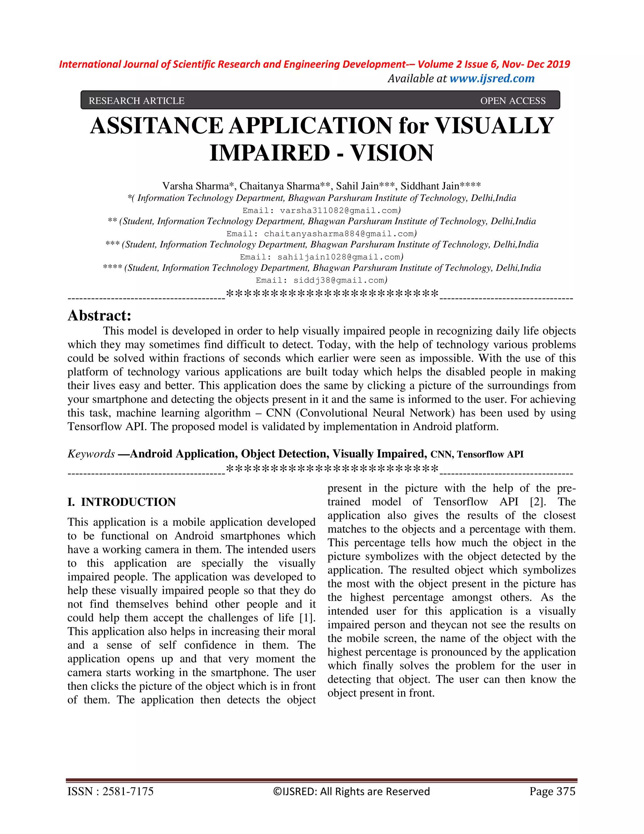 Assistance Application for Visually Impaired - VISION | PDF