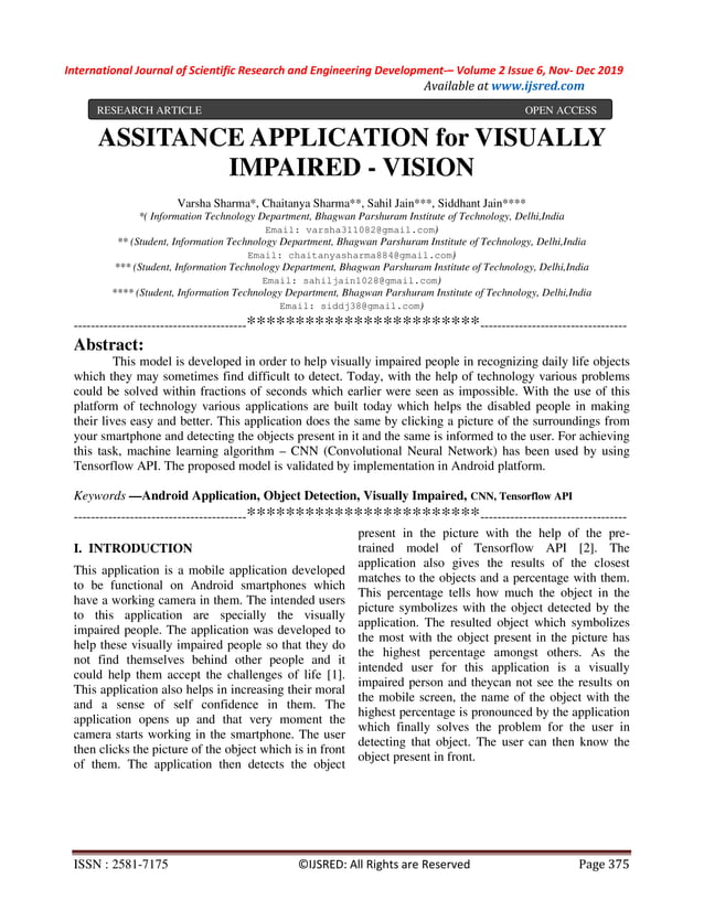 Assistance Application for Visually Impaired - VISION | PDF
