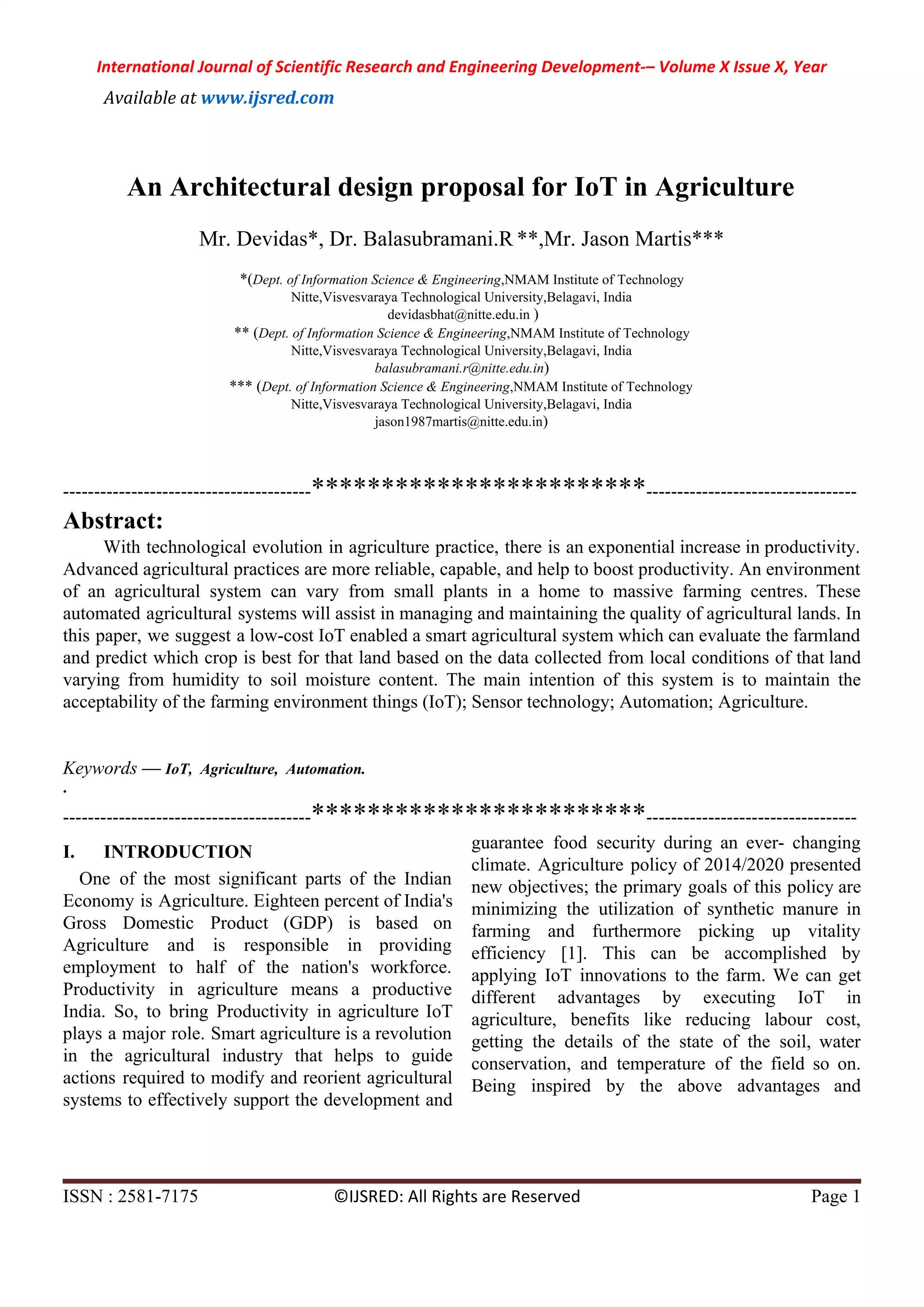 An Architectural design proposal for IoT in Agriculture | PDF