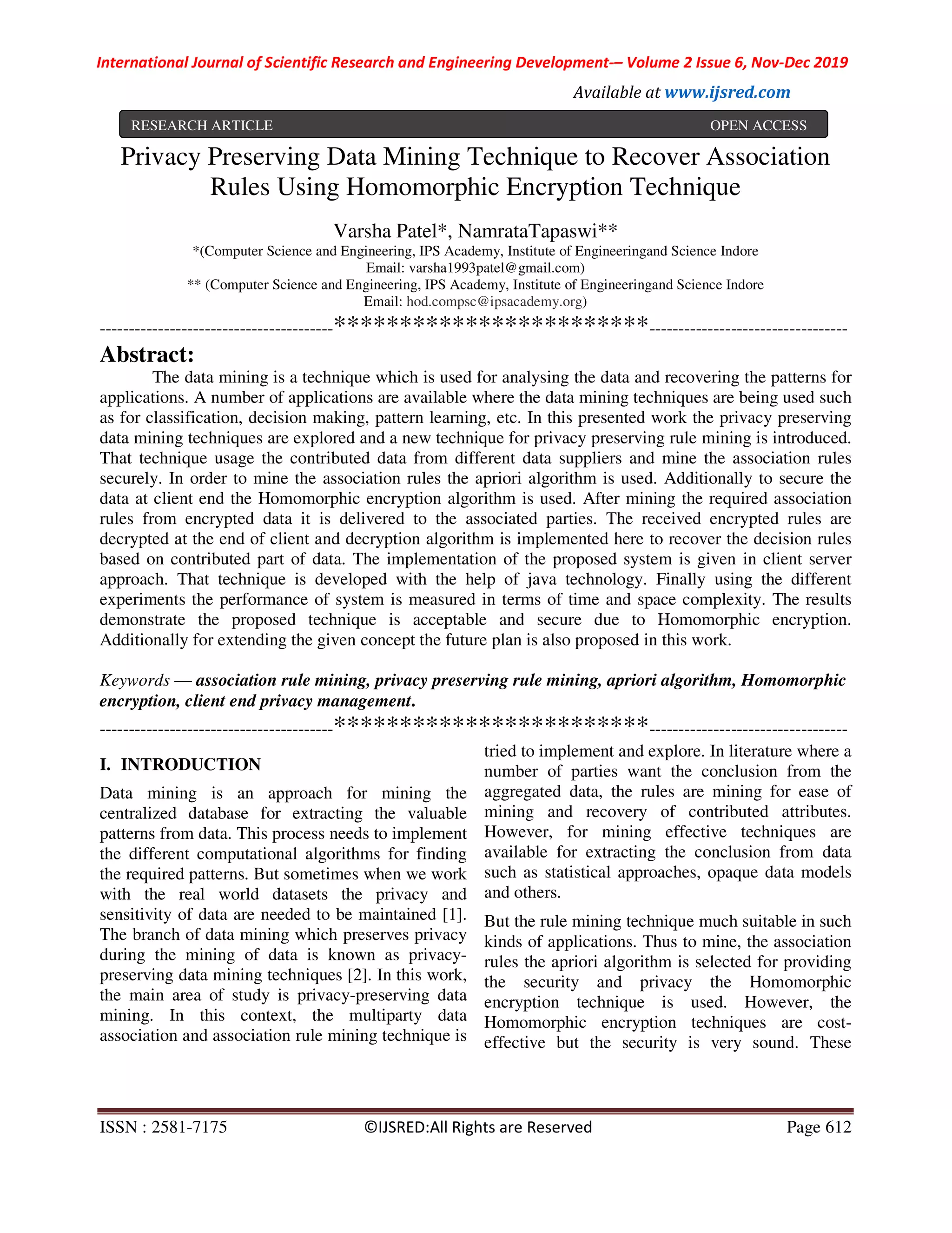 Privacy Preserving Data Mining Technique to Recover Association Rules Using Homomorphic ...