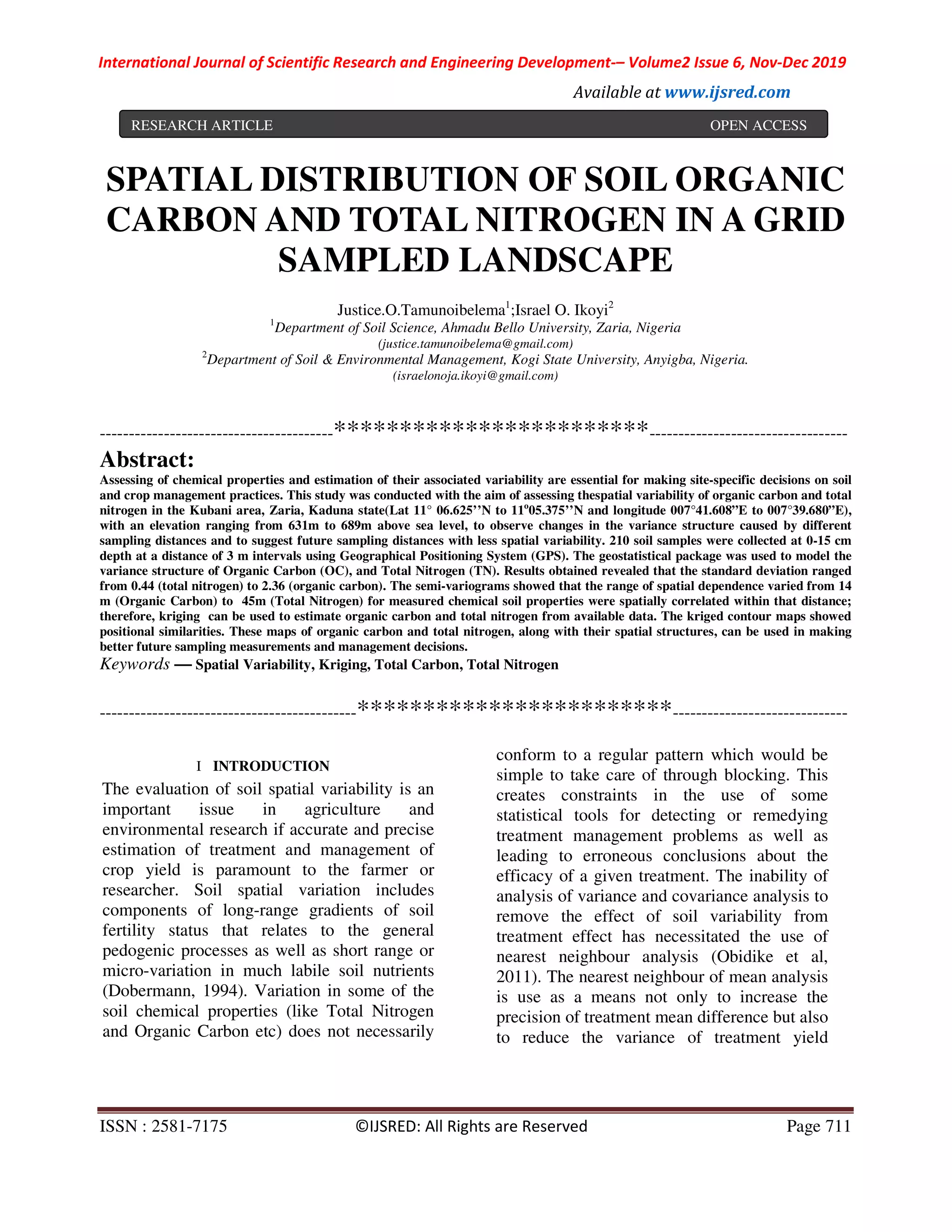 Spatial Distribution Of Soil Organic Carbon and Total Nitrogen in a Grid Sampled Landscape | PDF
