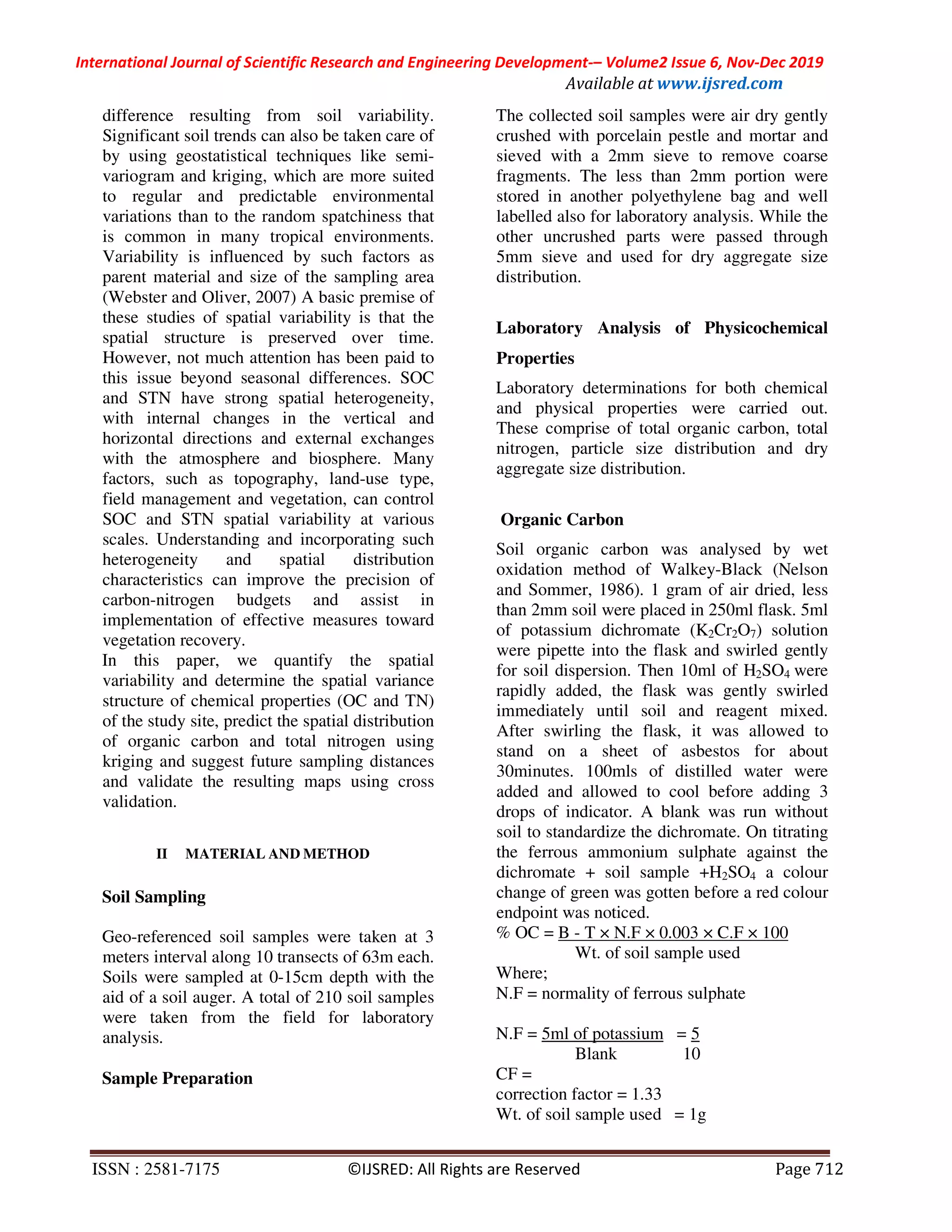 Spatial Distribution Of Soil Organic Carbon and Total Nitrogen in a ...