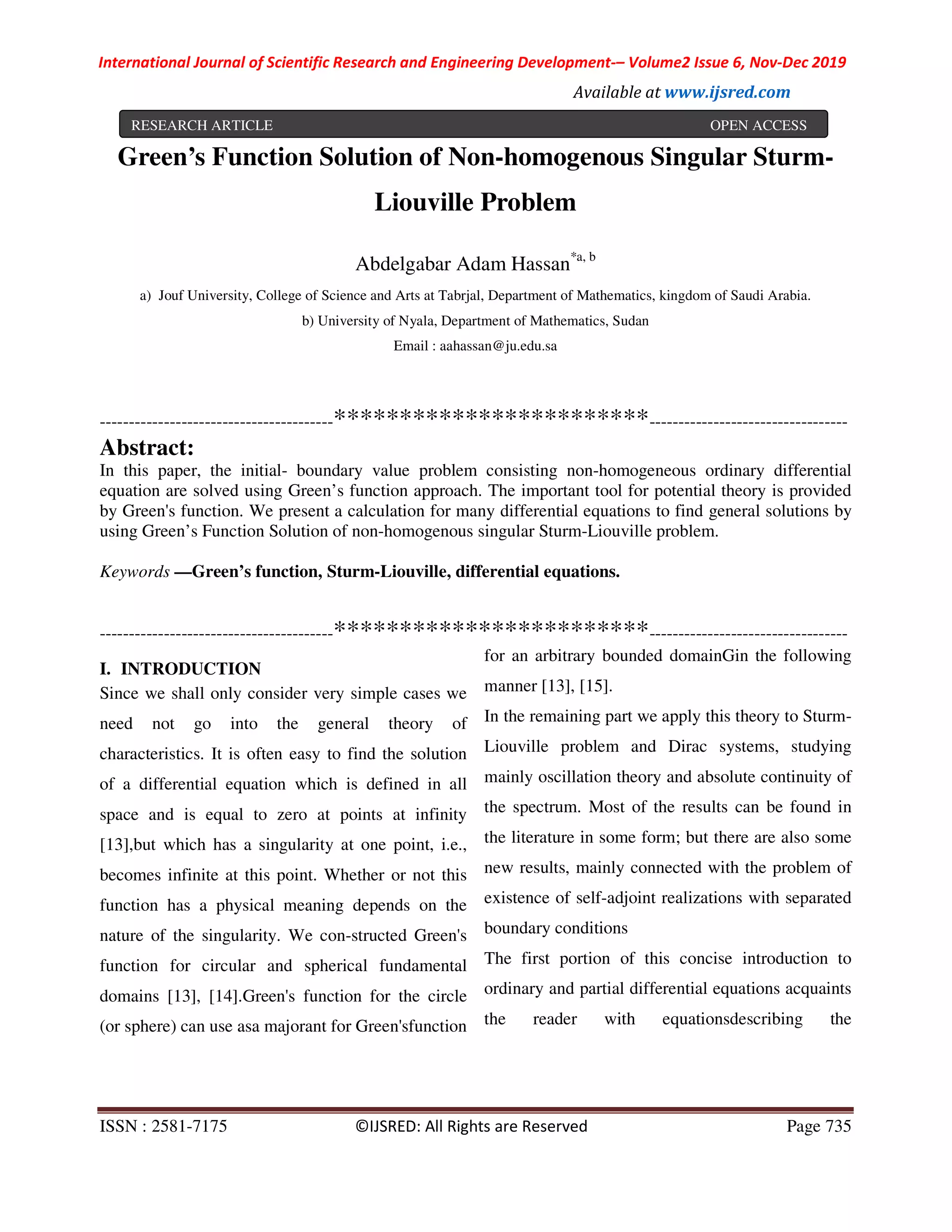 Green’s Function Solution of Non-homogenous Singular Sturm-Liouville Problem | PDF