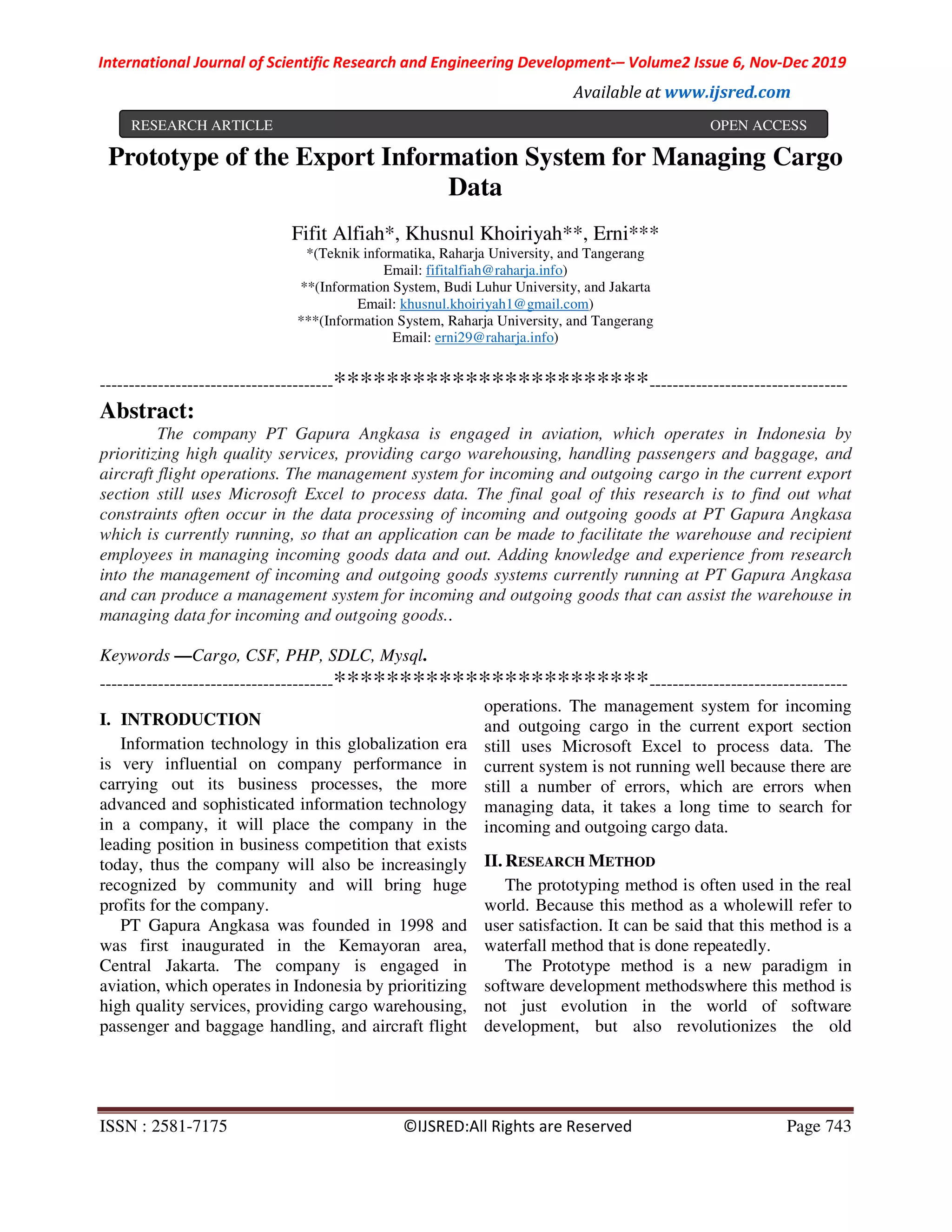 Prototype of the Export Information System for Managing Cargo Data | PDF