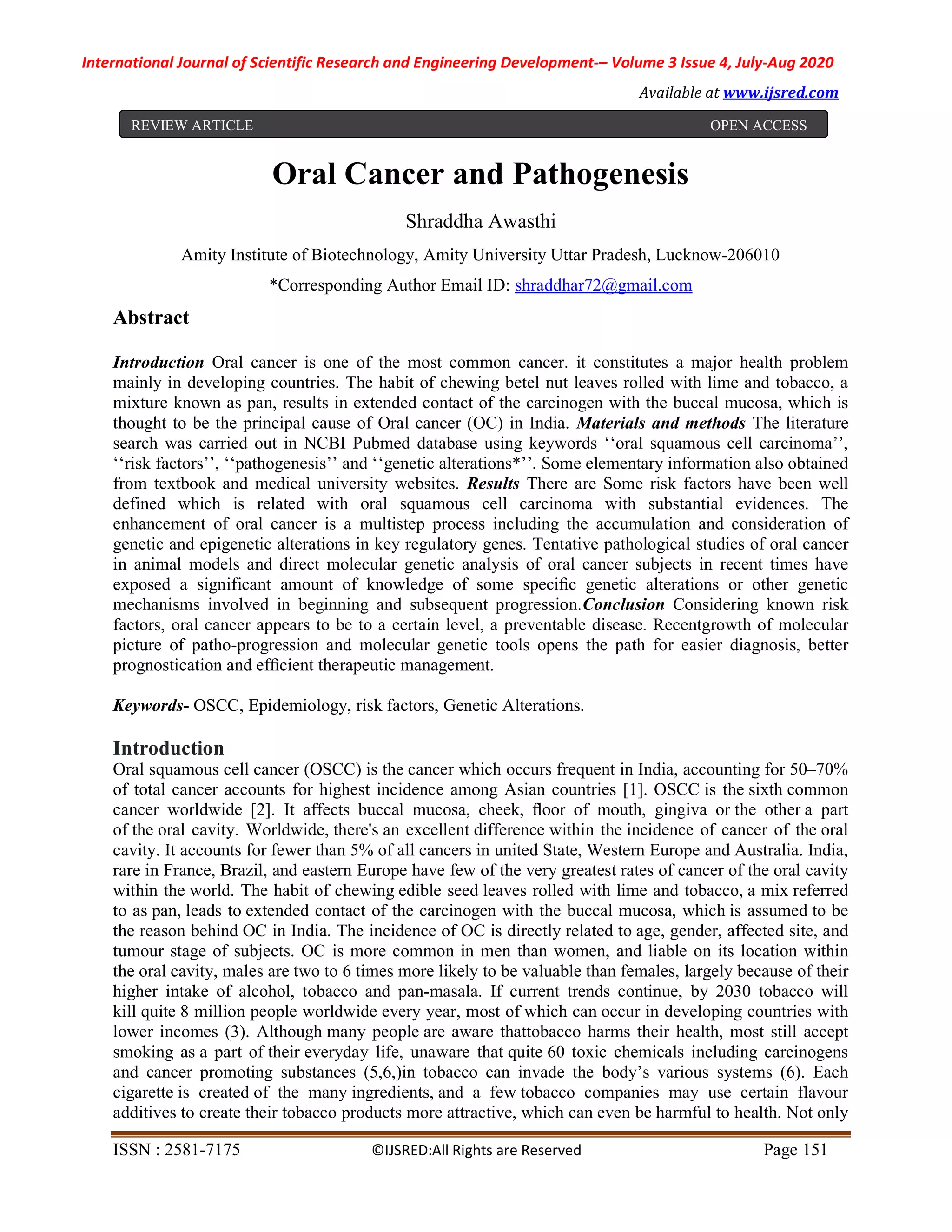Oral Cancer and Pathogenesis | PDF