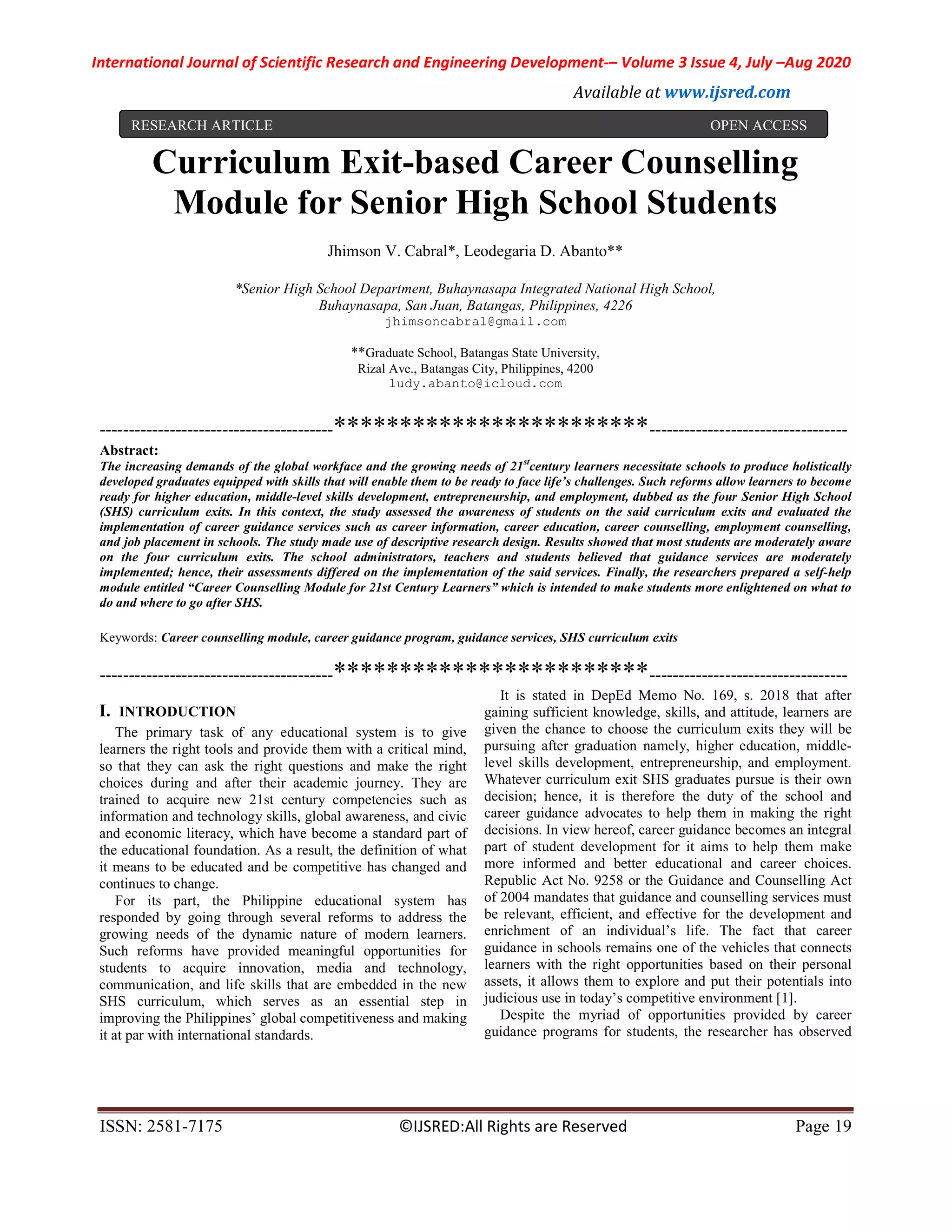 Curriculum Exit-based Career Counselling Module for Senior High School ...
