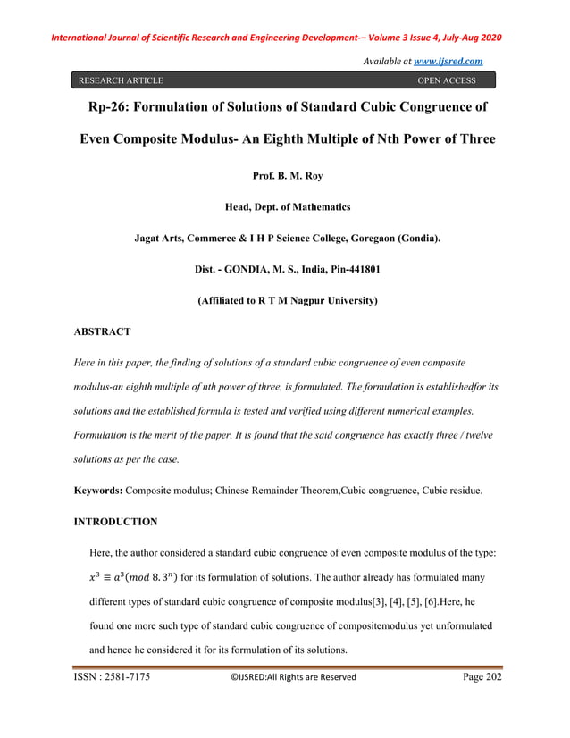 Rp-26: Formulation of Solutions of Standard Cubic Congruence of Even ...