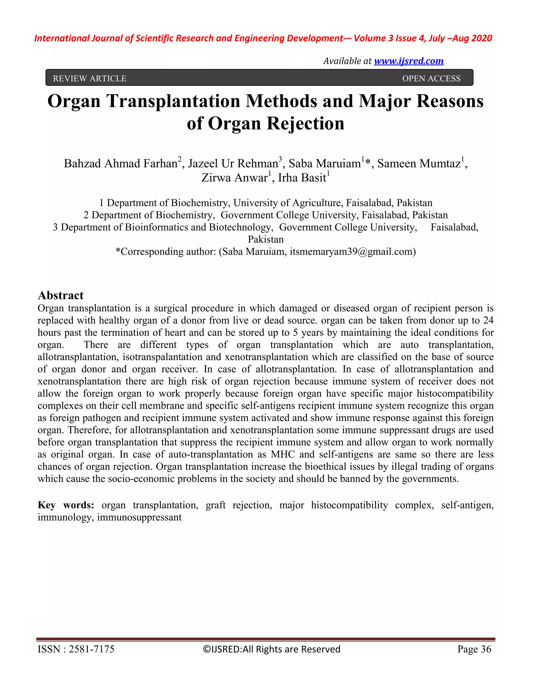 Organ Transplantation Methods and Major Reasons of Organ Rejection | PDF