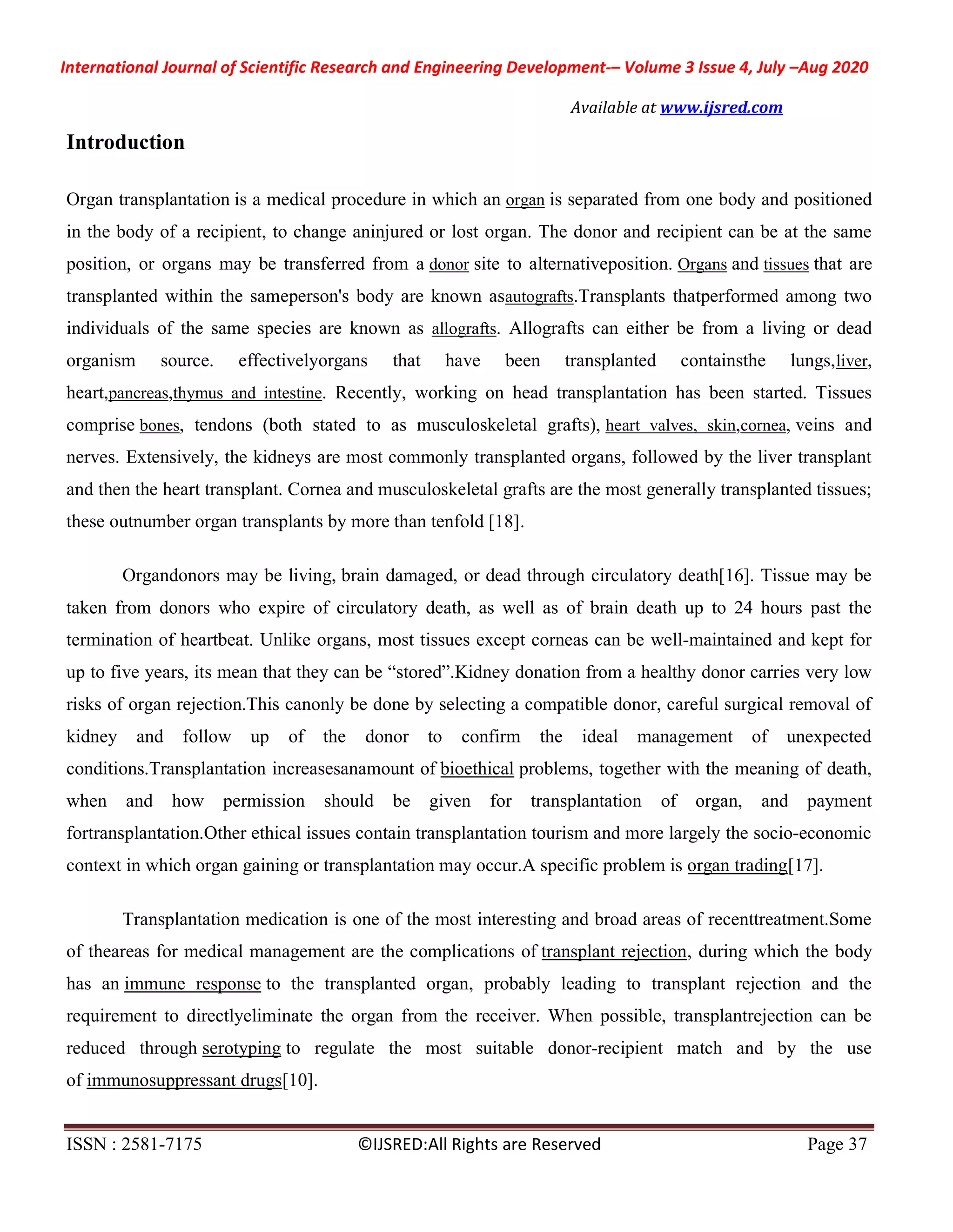 Organ Transplantation Methods and Major Reasons of Organ Rejection | PDF
