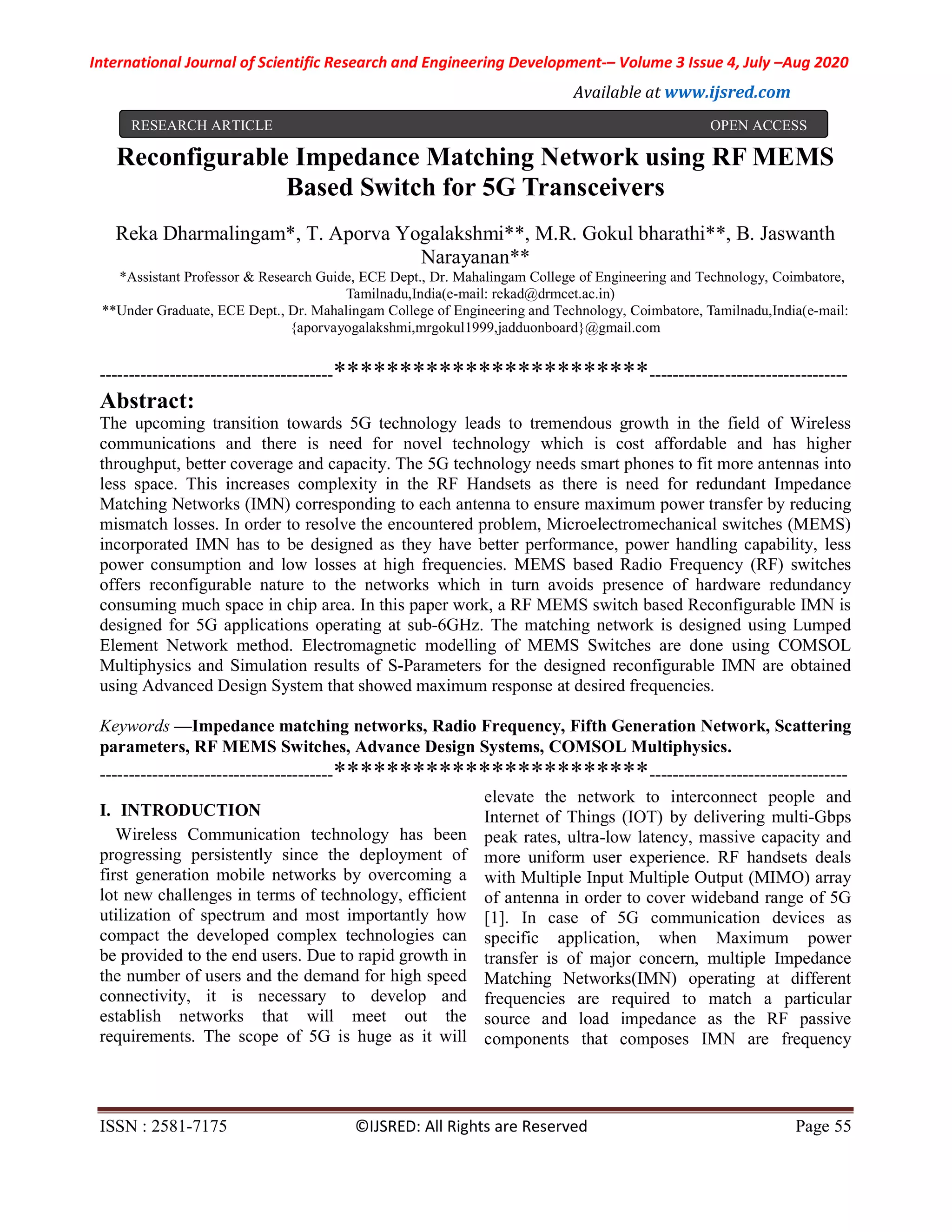 Reconfigurable Impedance Matching Network using RF MEMS Based Switch for 5G Transceivers | PDF