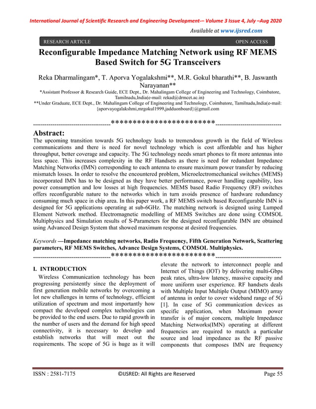 Reconfigurable Impedance Matching Network using RF MEMS Based Switch for 5G Transceivers | PDF