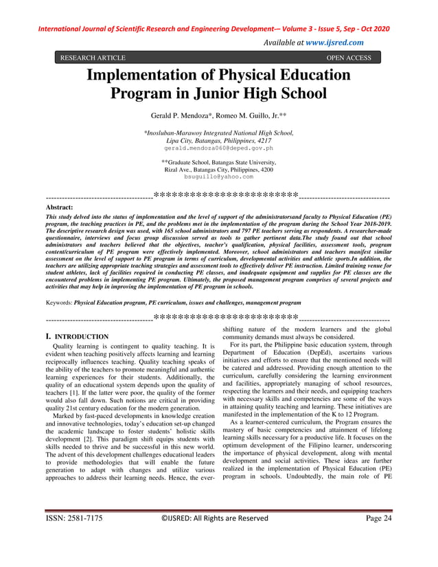 Implementation of Physical Education Program in Junior High School | PDF