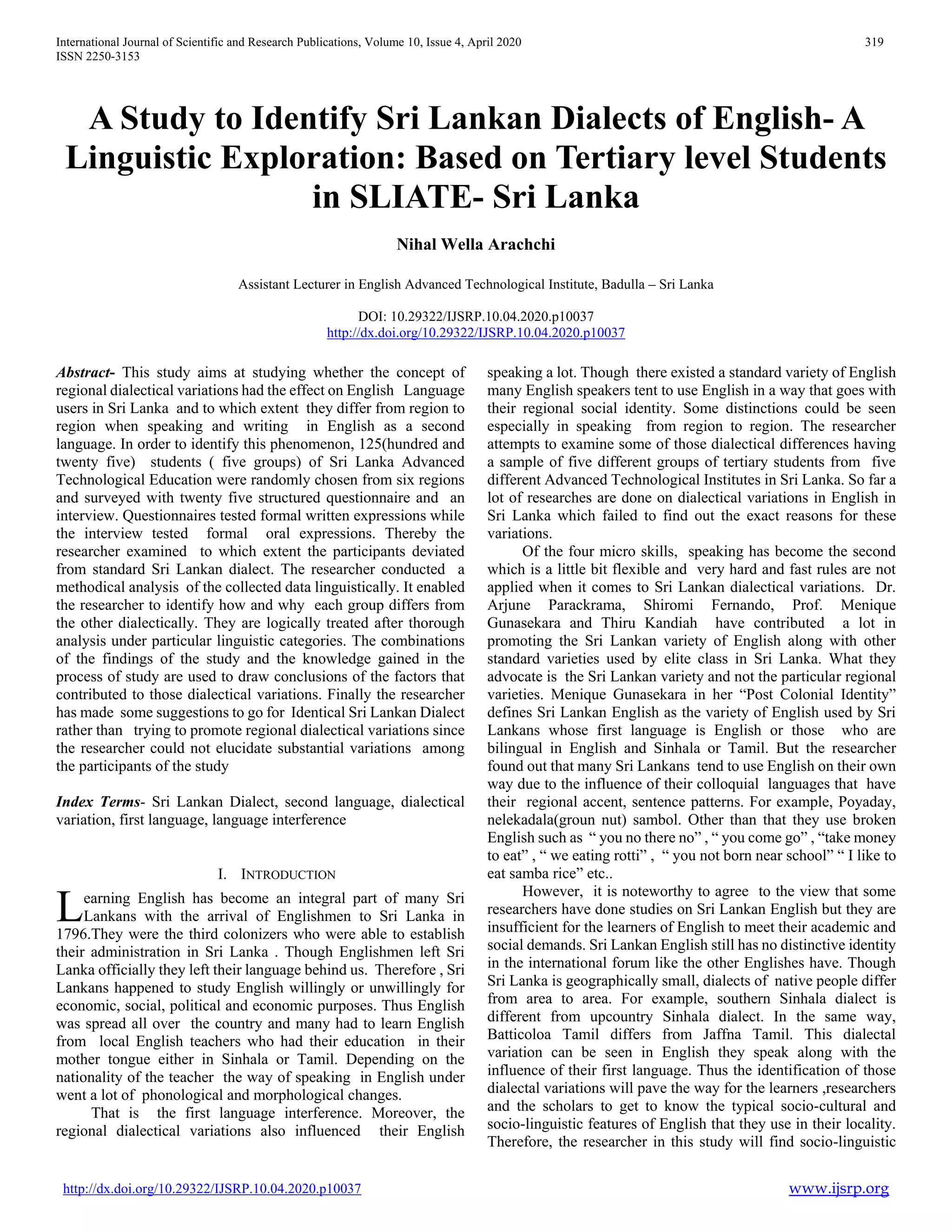 A Study to Identify Sri Lankan Dialects of English- A Linguistic Exploration: Based on Tertiary ...
