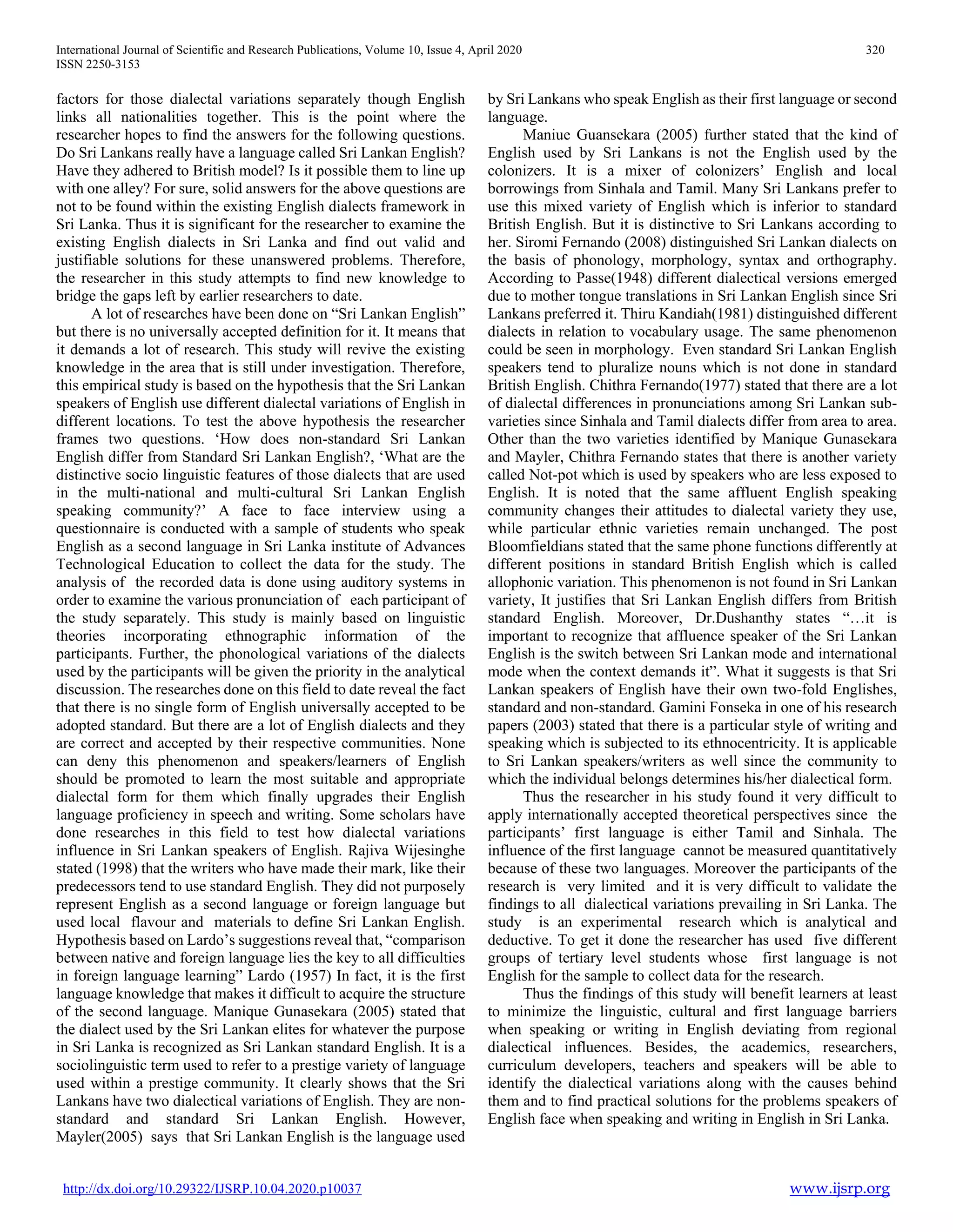 A Study to Identify Sri Lankan Dialects of English- A Linguistic ...