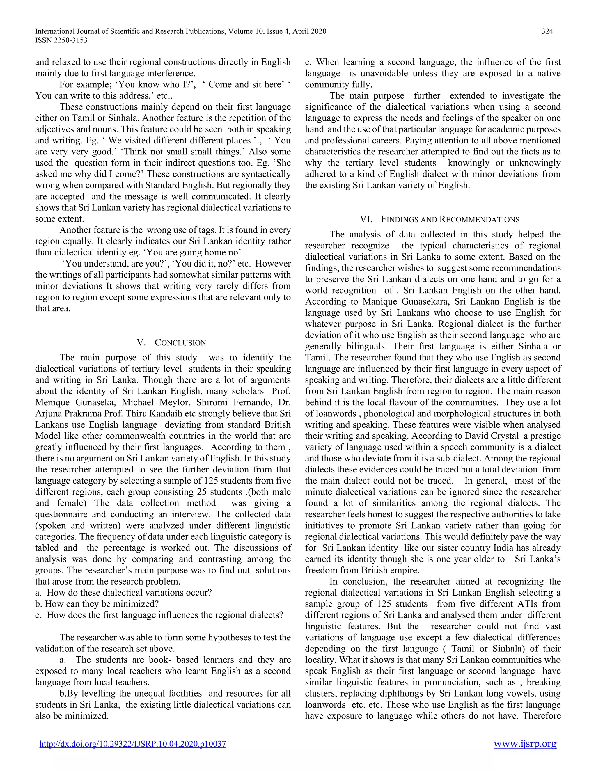 A Study to Identify Sri Lankan Dialects of English- A Linguistic ...