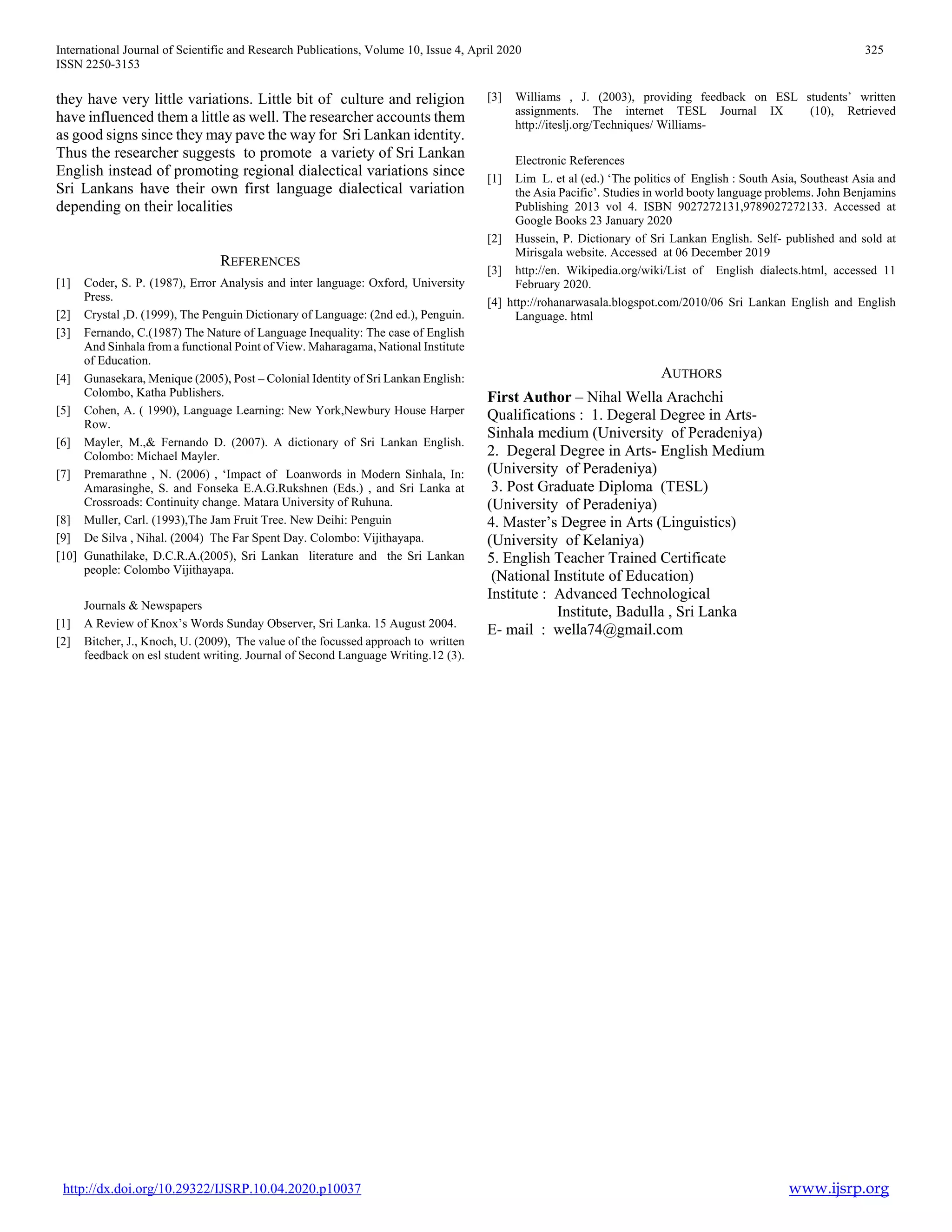 A Study to Identify Sri Lankan Dialects of English- A Linguistic Exploration: Based on Tertiary ...