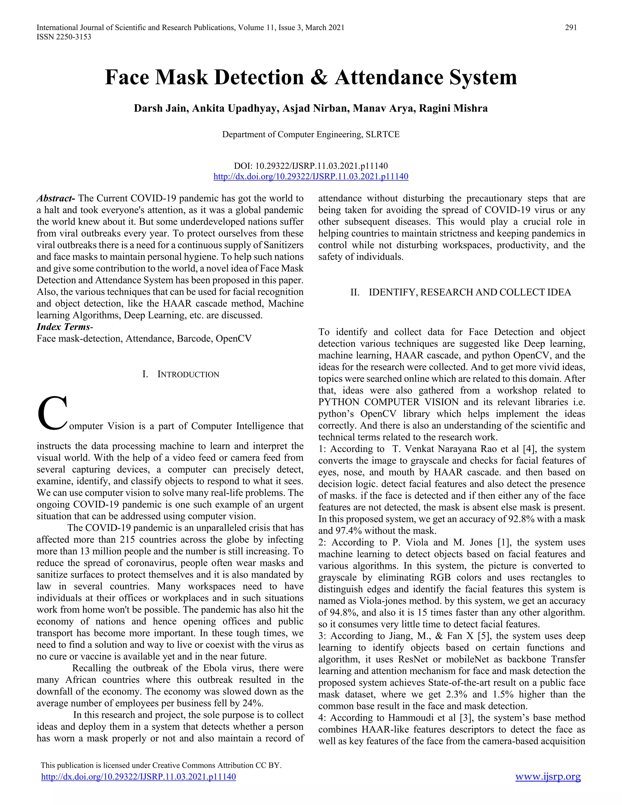 Face Mask Detection And Attendance System | PDF