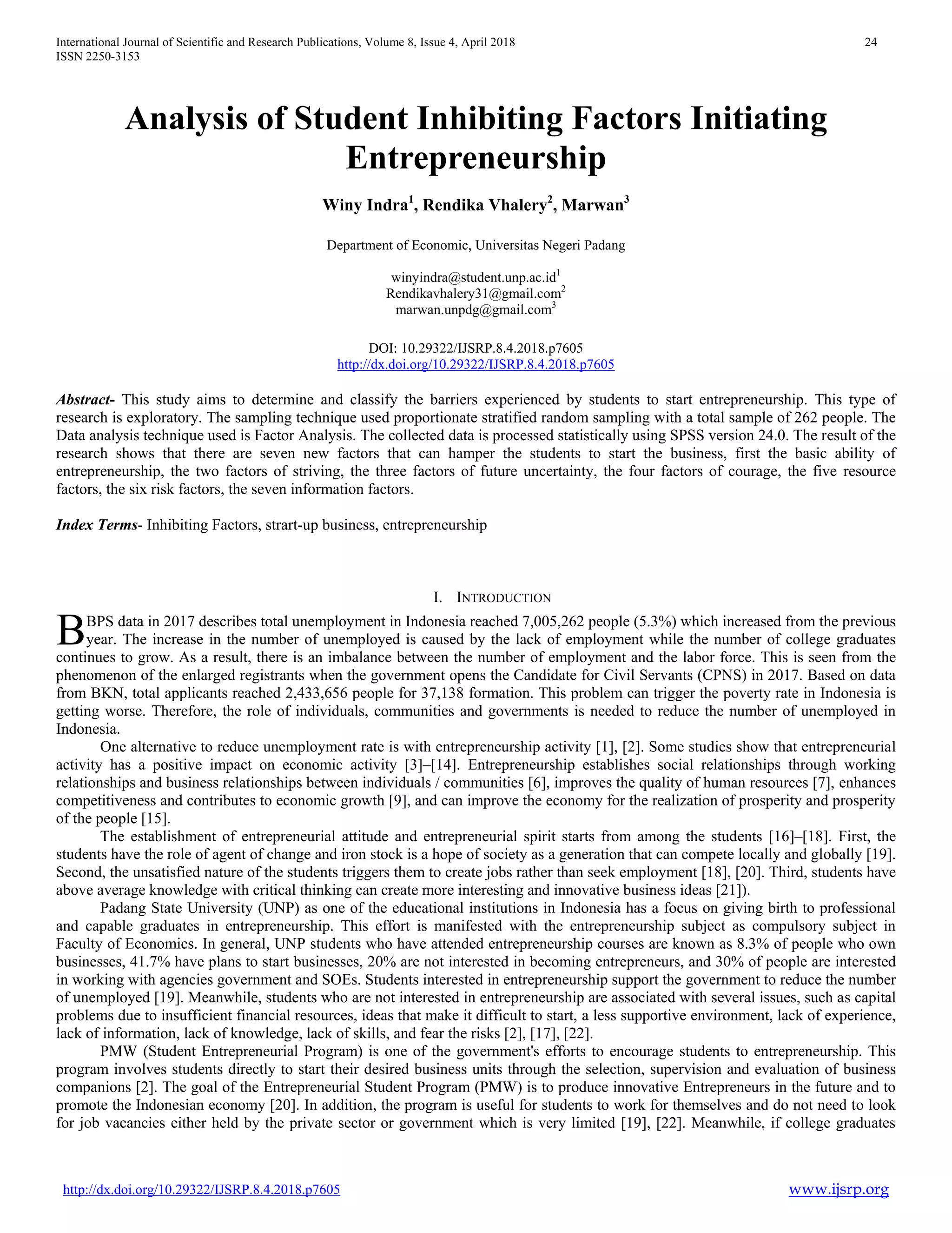 Analysis of Student Inhibiting Factors Initiating Entrepreneurship | PDF