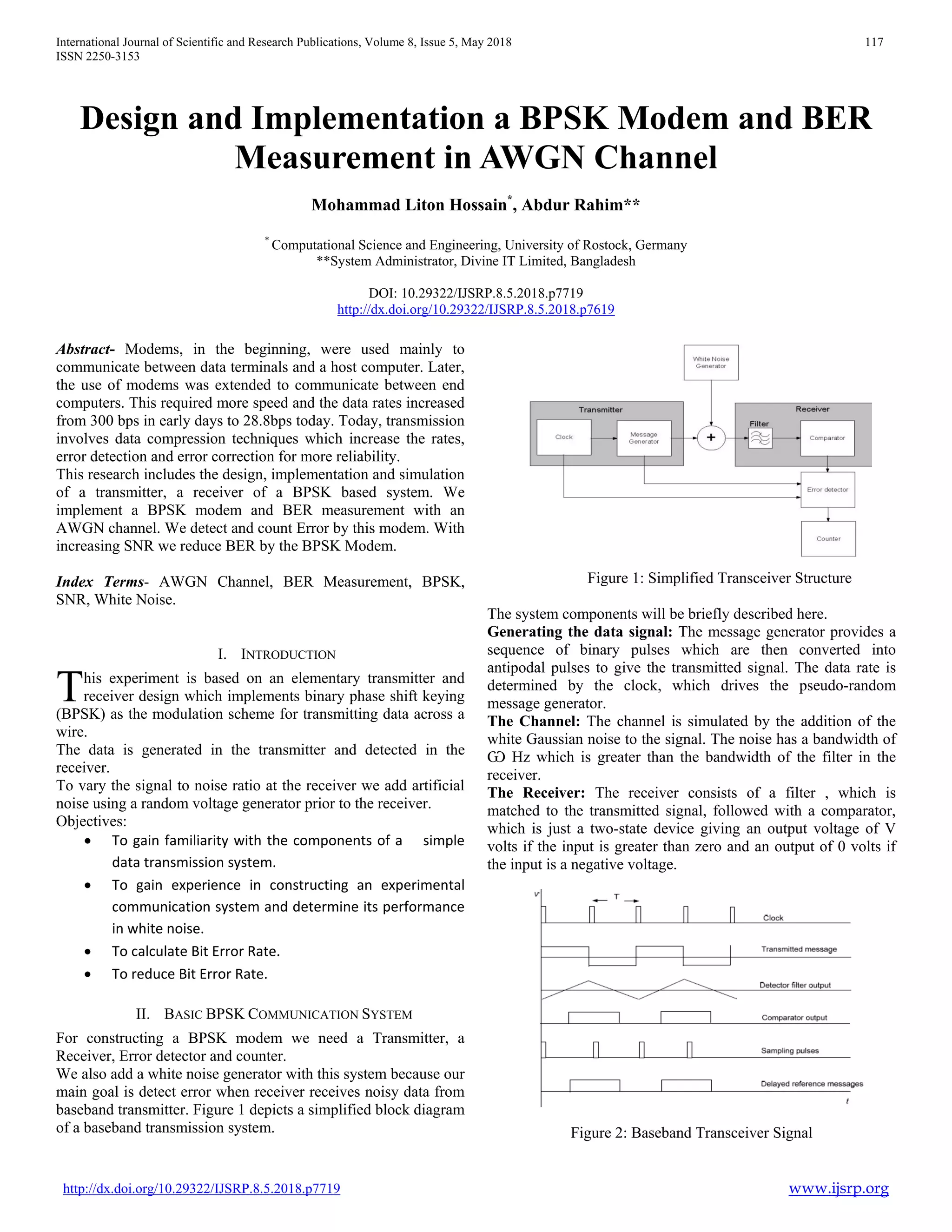 DESIGN AND IMPLEMENTATION A BPSK MODEM AND BER MEASUREMENT IN AWGN CHANNEL | PDF