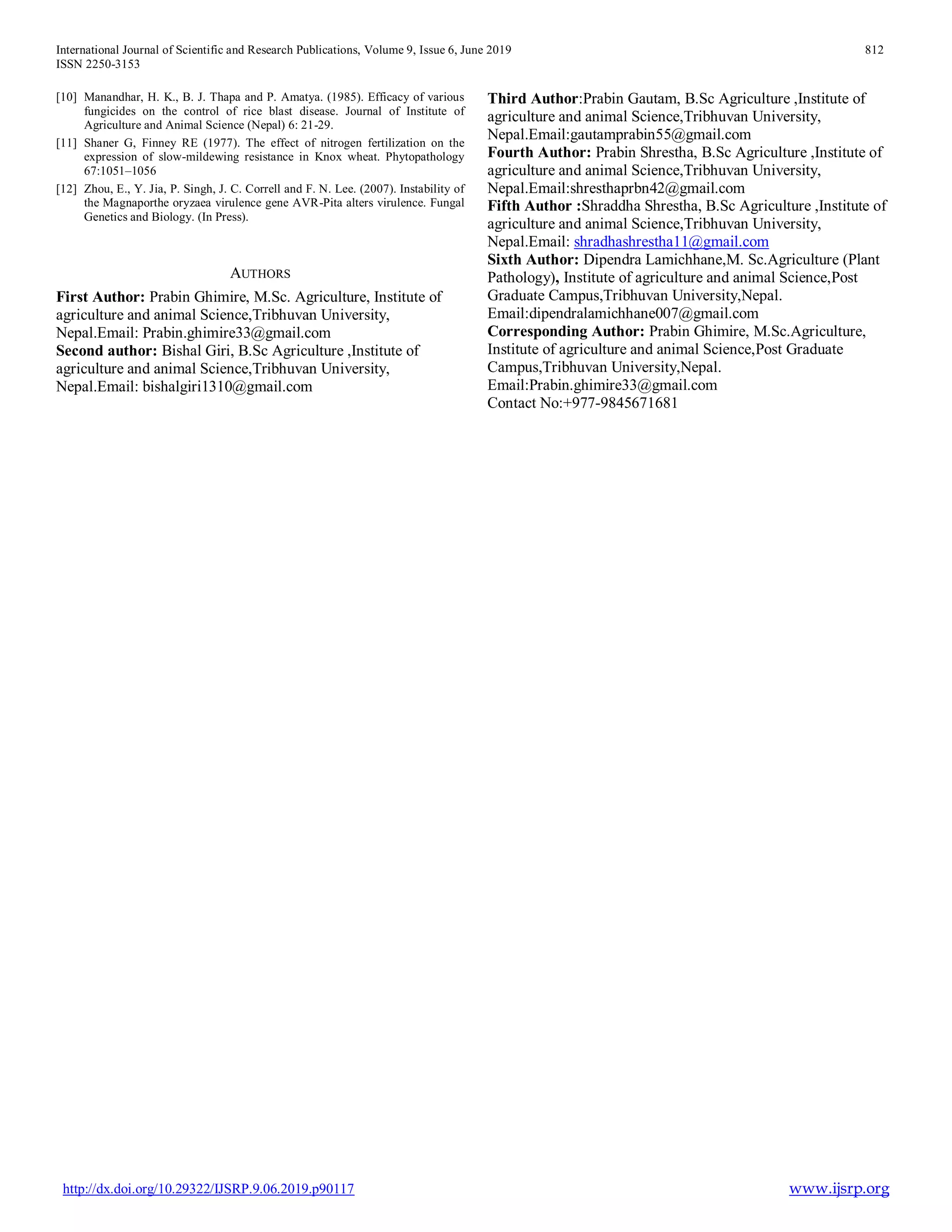 Screening Of Different Rice Genotype Against Rice Blast (Pyricularia ...