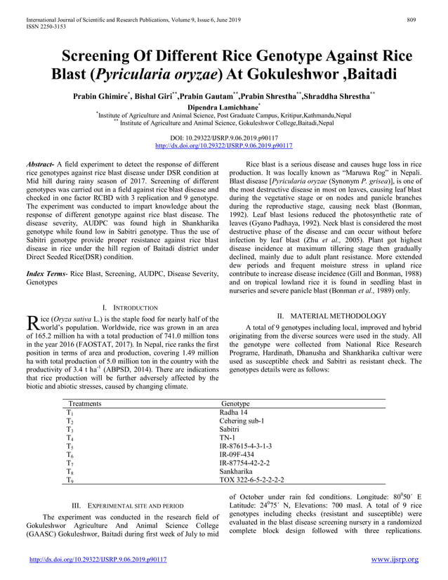 Screening Of Different Rice Genotype Against Rice Blast (Pyricularia oryzae) | PDF