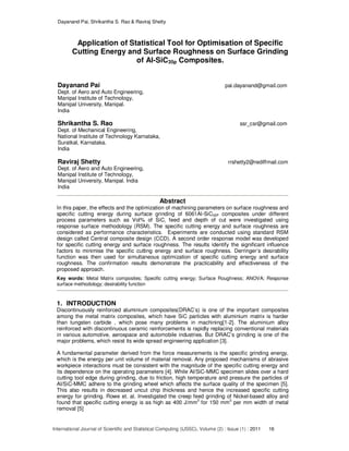 Application of Statistical Tool for Optimisation of Specific Cutting Energy and Surface ...