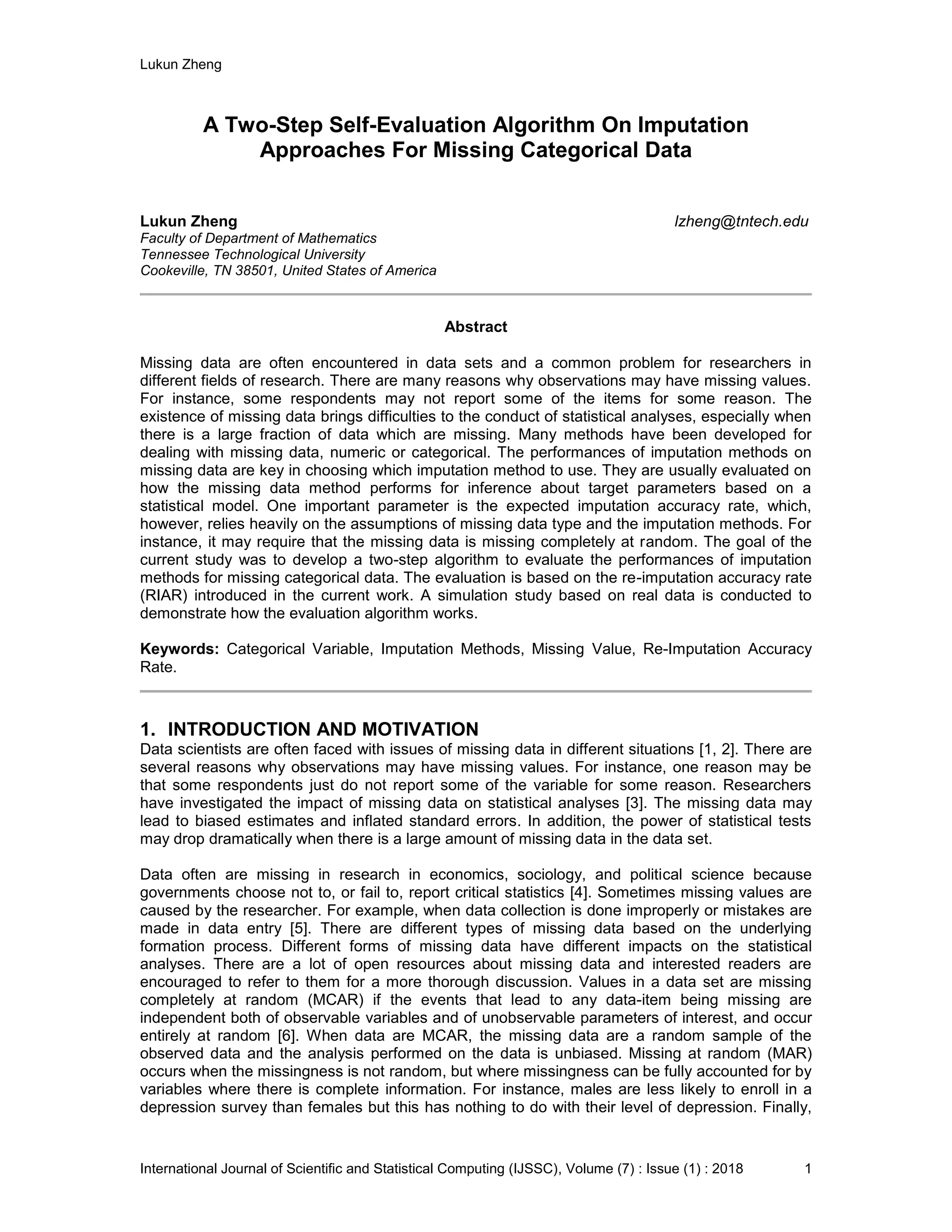 A Two-Step Self-Evaluation Algorithm On Imputation Approaches For Missing Categorical Data | PDF