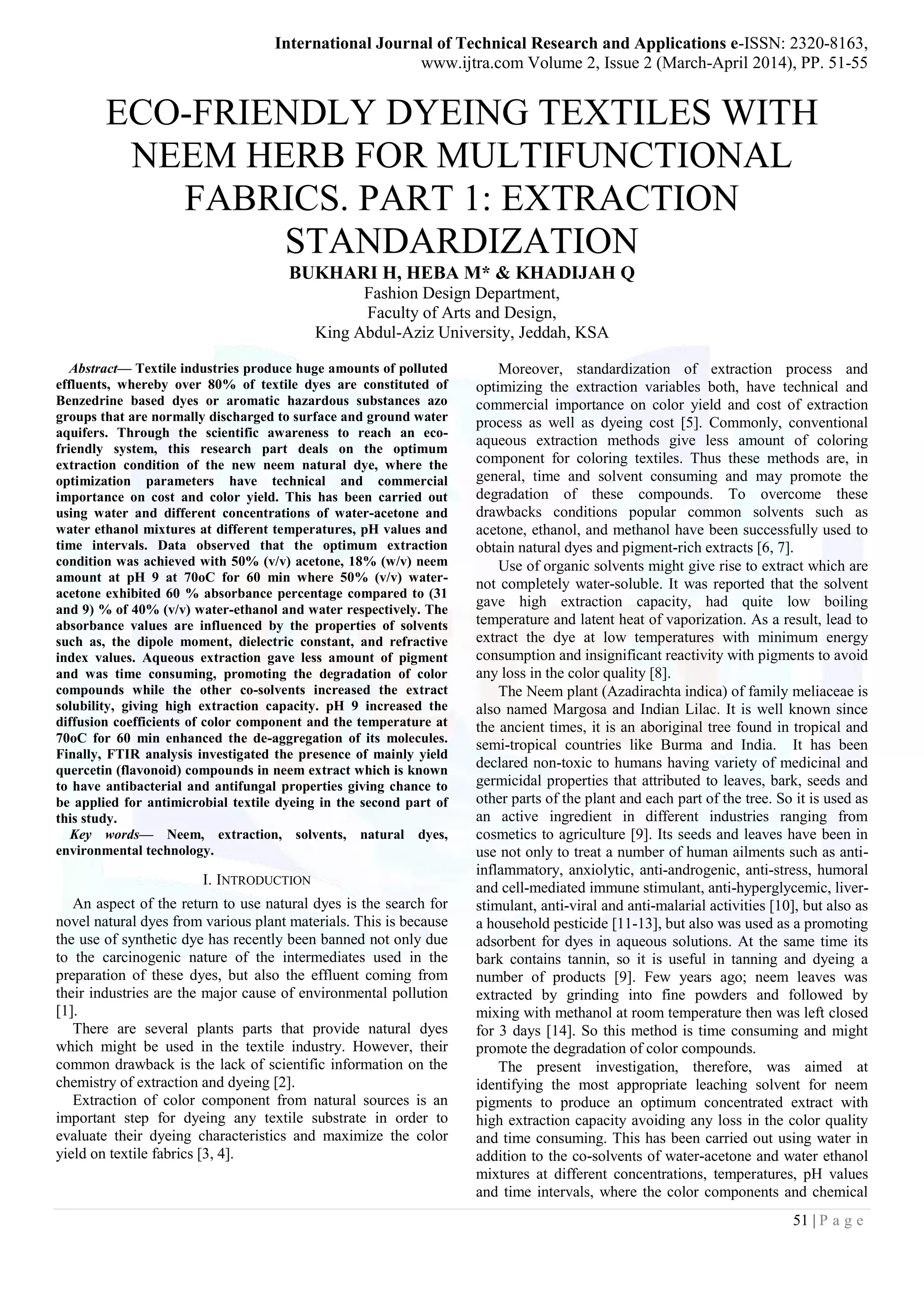 ECO-FRIENDLY DYEING TEXTILES WITH NEEM HERB FOR MULTIFUNCTIONAL FABRICS ...