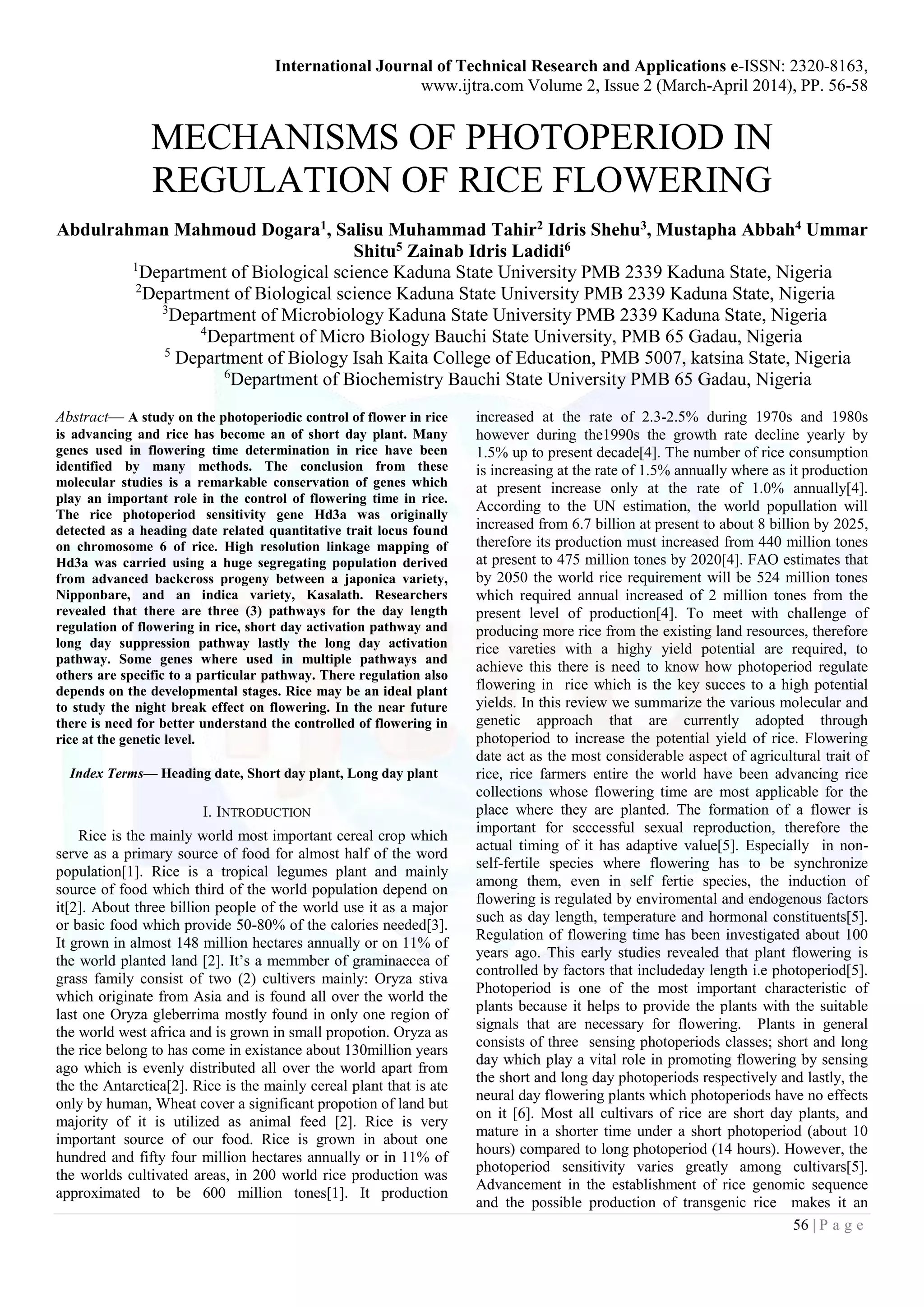 MECHANISMS OF PHOTOPERIOD IN REGULATION OF RICE FLOWERING | PDF