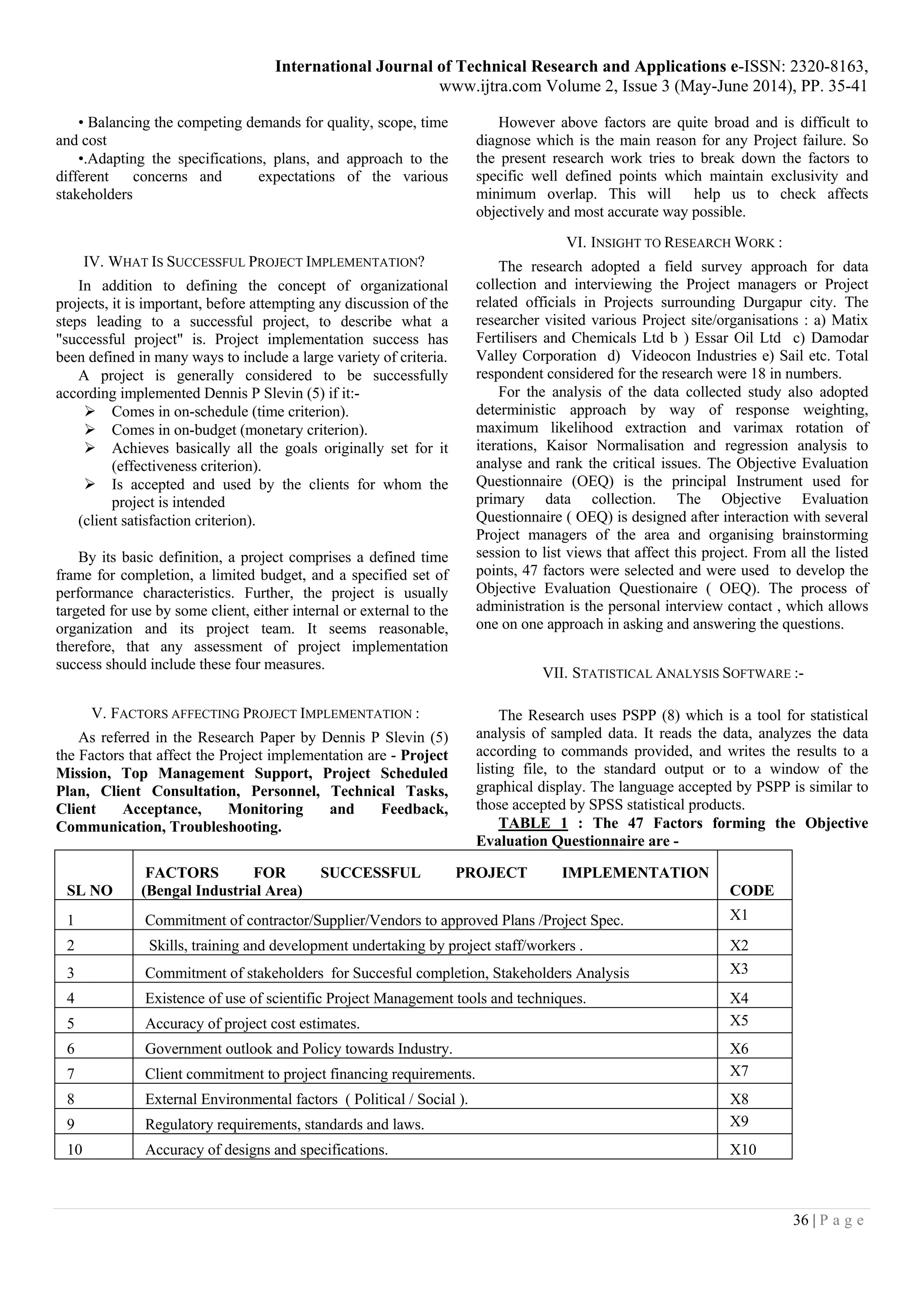 KEY DETERMINANTS FOR SUCCESSFUL PROJECT IMPLEMENTATION IN THE INDUSTRIAL AREA OF WEST BENGAL | PDF