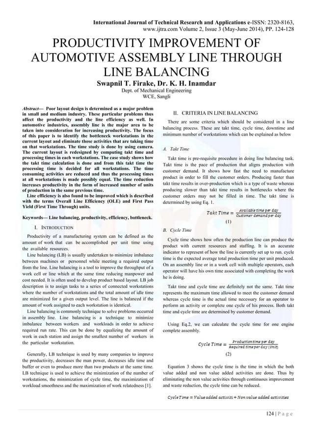 PRODUCTIVITY IMPROVEMENT OF AUTOMOTIVE ASSEMBLY LINE THROUGH LINE BALANCING | PDF | Mechanical ...