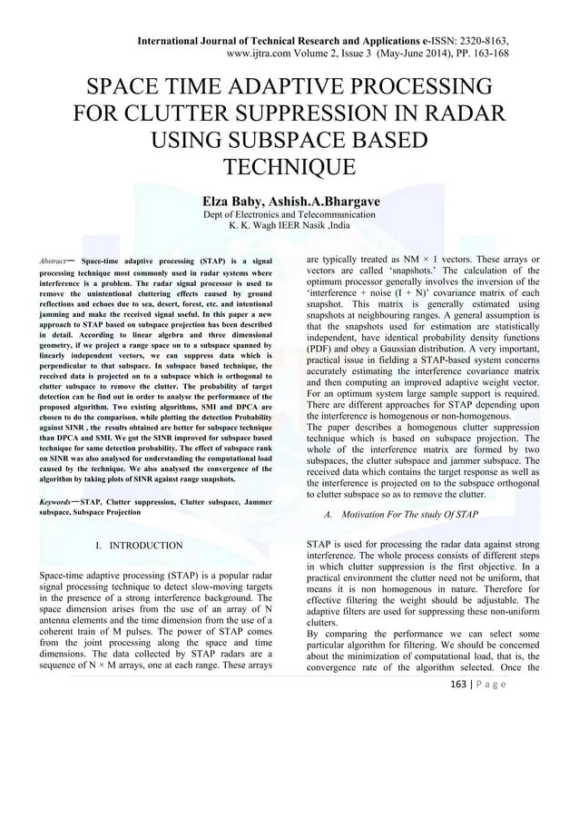 SPACE TIME ADAPTIVE PROCESSING FOR CLUTTER SUPPRESSION IN RADAR USING SUBSPACE BASED TECHNIQUE | PDF
