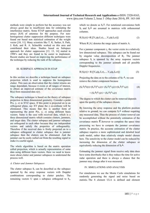 SPACE TIME ADAPTIVE PROCESSING FOR CLUTTER SUPPRESSION IN RADAR USING SUBSPACE BASED TECHNIQUE | PDF