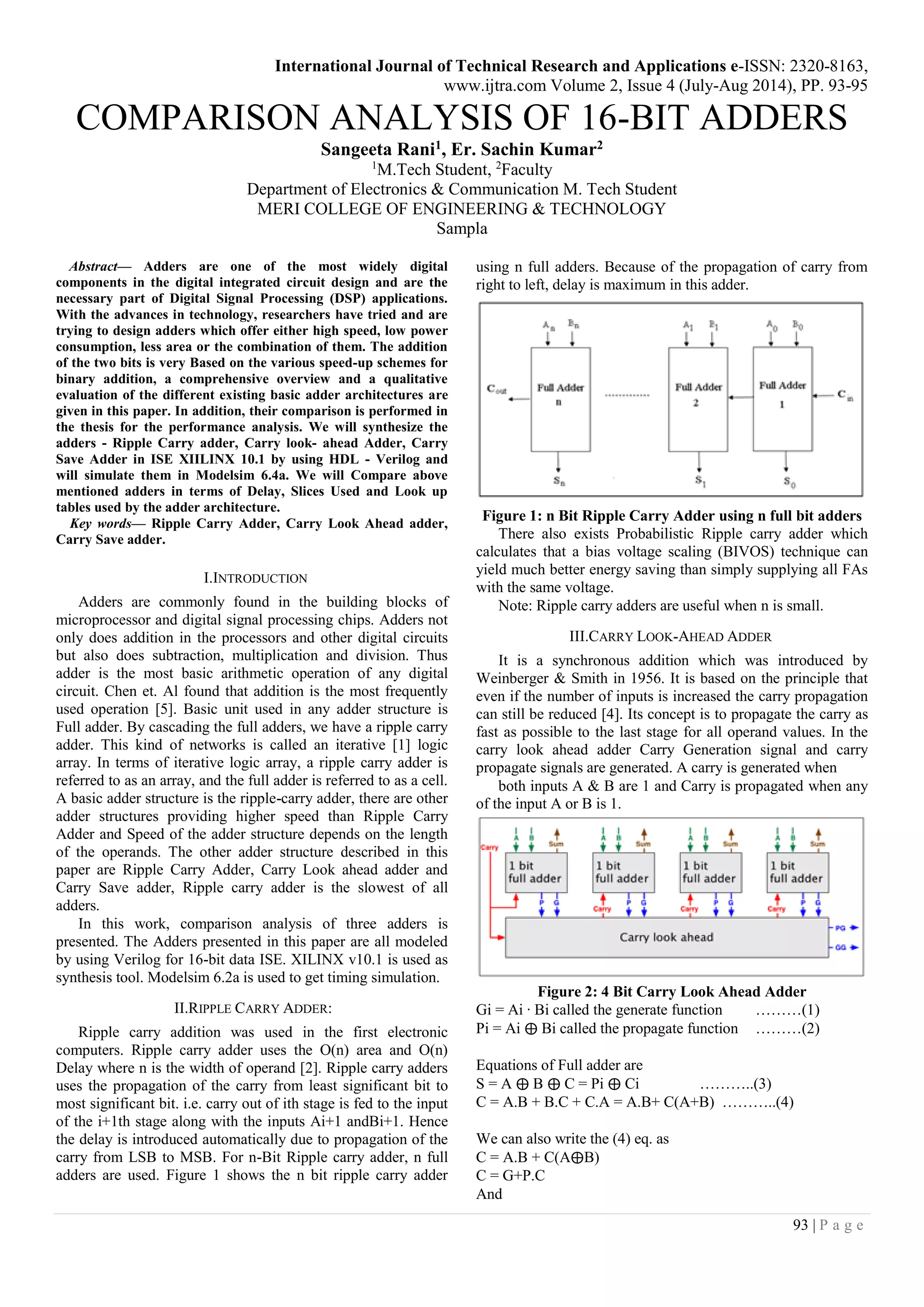 COMPARISON ANALYSIS OF 16-BIT ADDERS | PDF