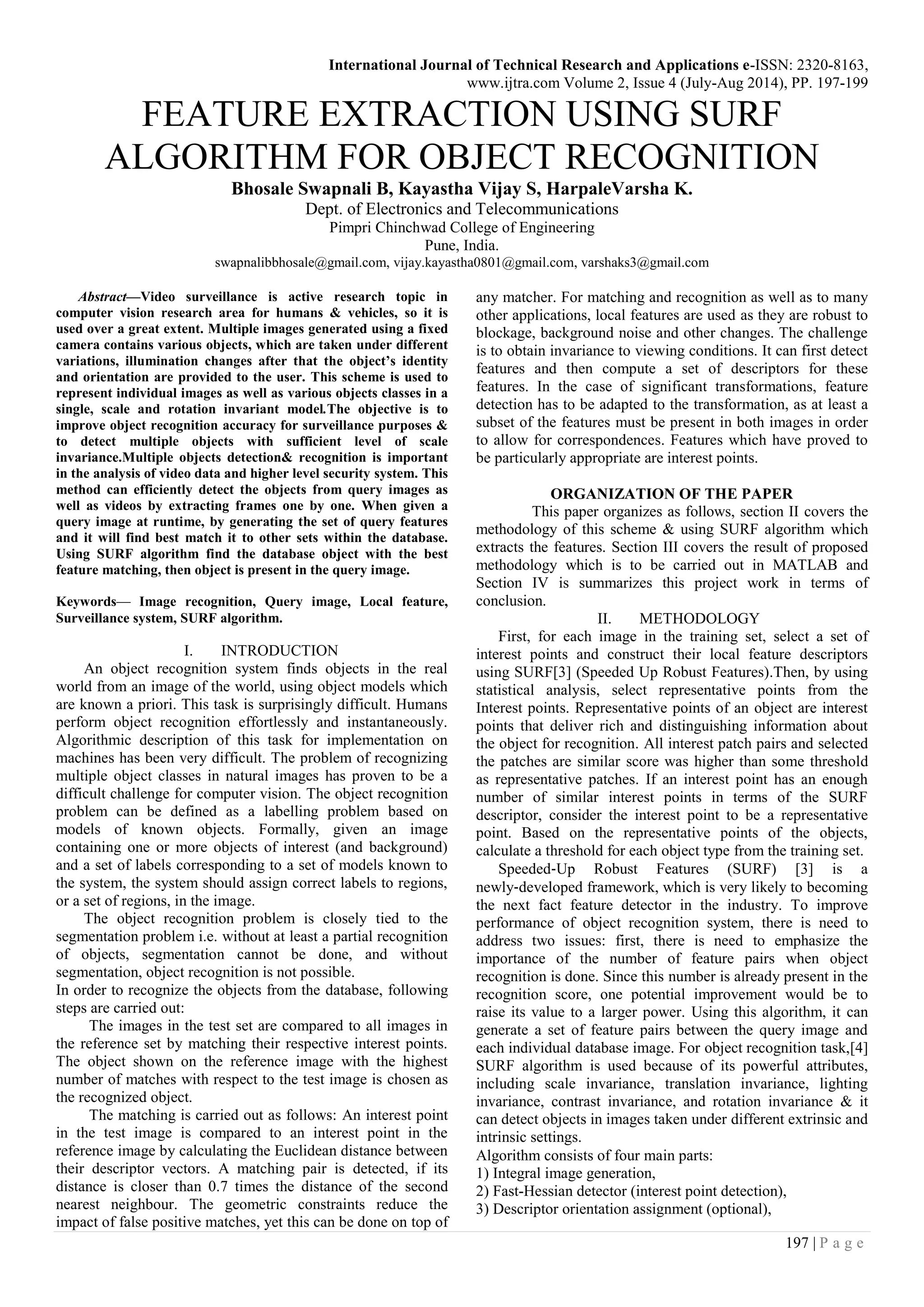 Feature Extraction Using Surf Algorithm For Object Recognition Pdf