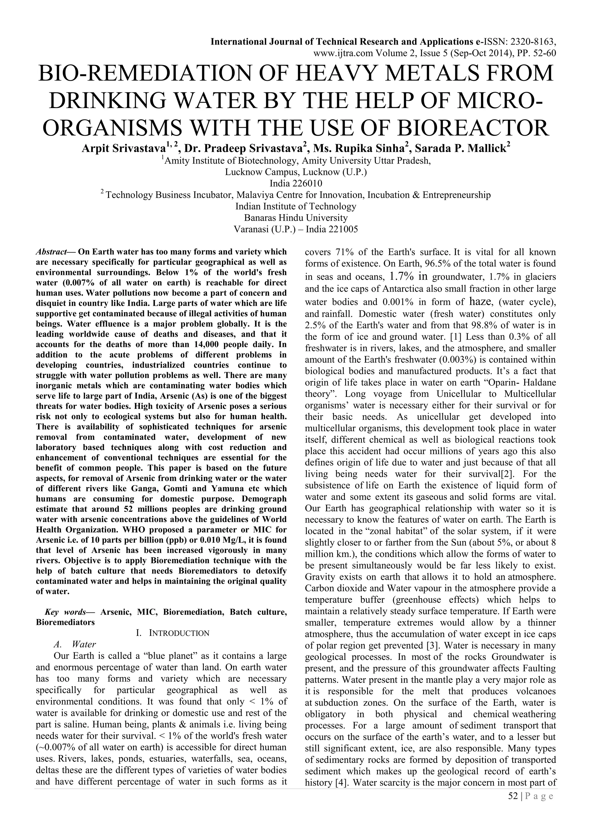BIO-REMEDIATION OF HEAVY METALS FROM DRINKING WATER BY THE HELP OF ...
