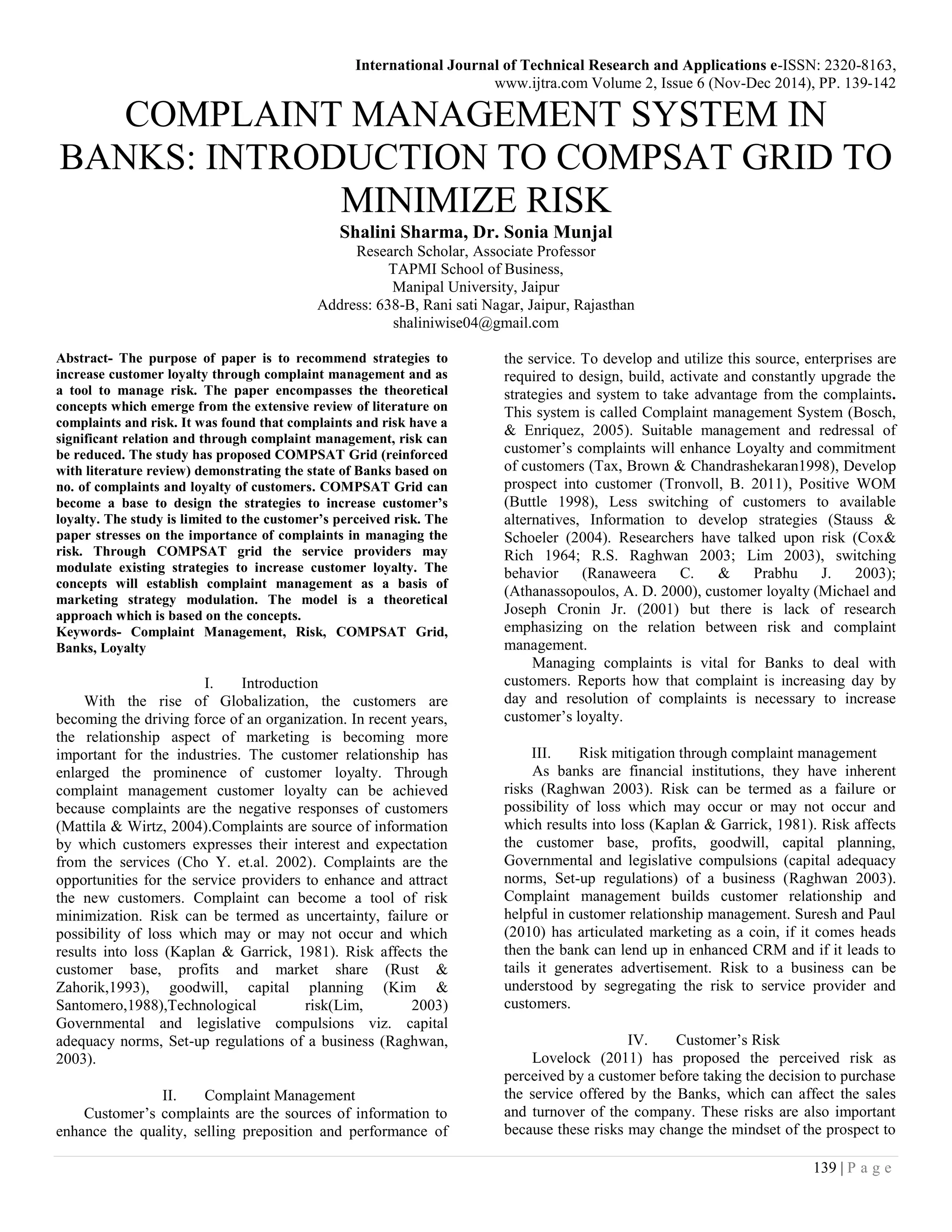 COMPLAINT MANAGEMENT SYSTEM IN BANKS: INTRODUCTION TO COMPSAT GRID TO ...