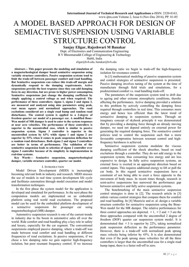 A MODEL BASED APPROACH FOR DESIGN OF SEMIACTIVE SUSPENSION USING VARIABLE STRUCTURE CONTROL | PDF