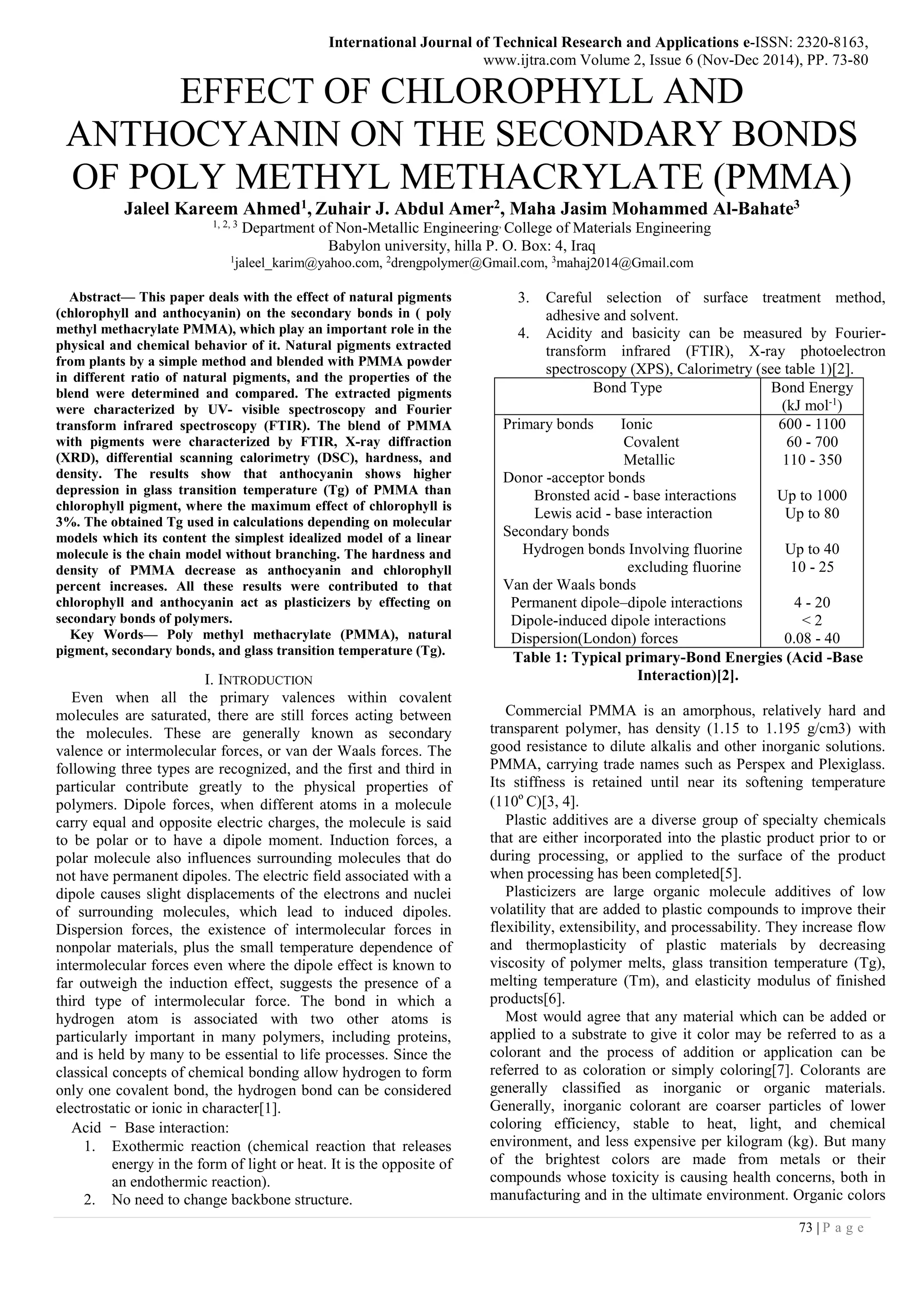 EFFECT OF CHLOROPHYLL AND ANTHOCYANIN ON THE SECONDARY BONDS OF POLY METHYL METHACRYLATE (PMMA ...