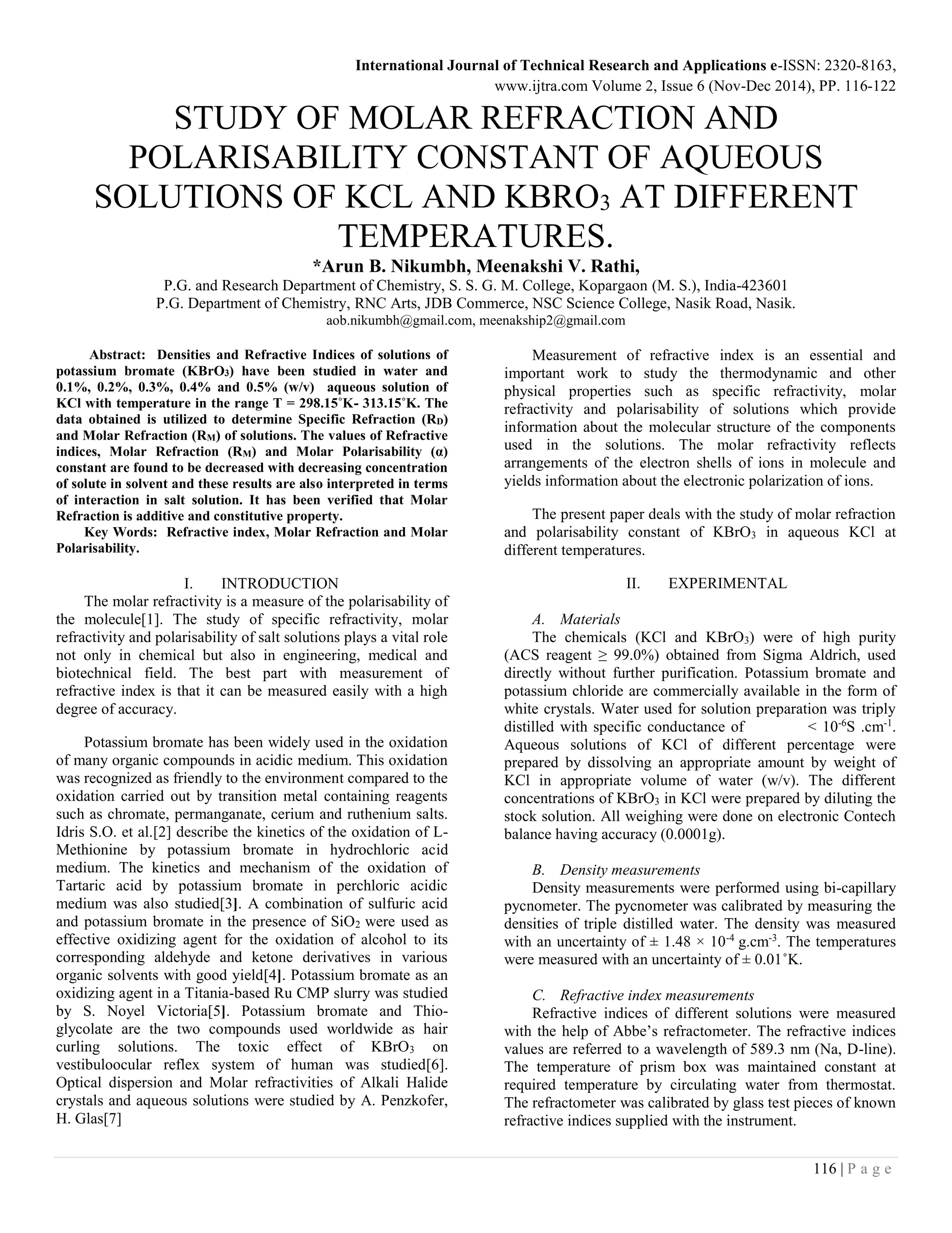 STUDY OF MOLAR REFRACTION AND POLARISABILITY CONSTANT OF AQUEOUS ...