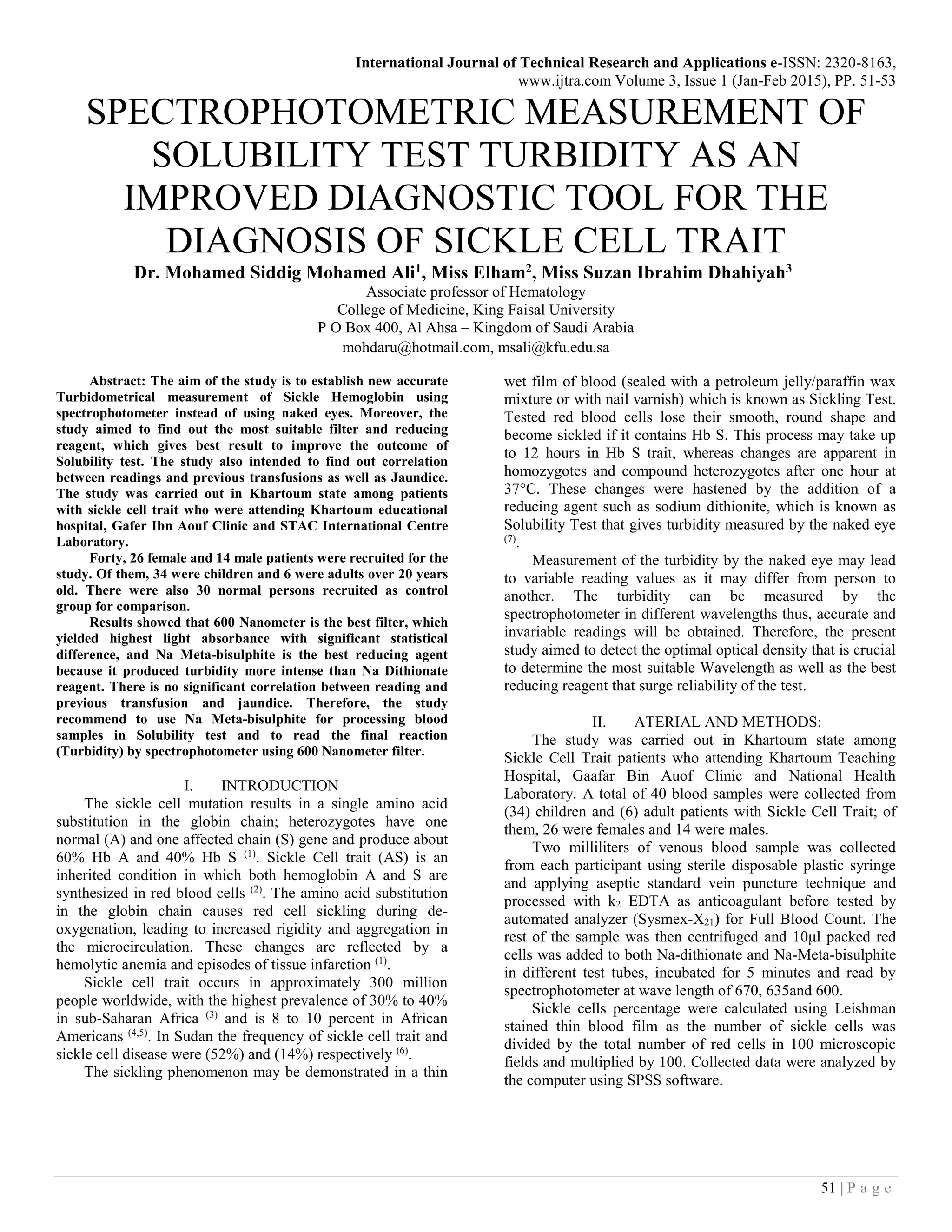 SPECTROPHOTOMETRIC MEASUREMENT OF SOLUBILITY TEST TURBIDITY AS AN ...
