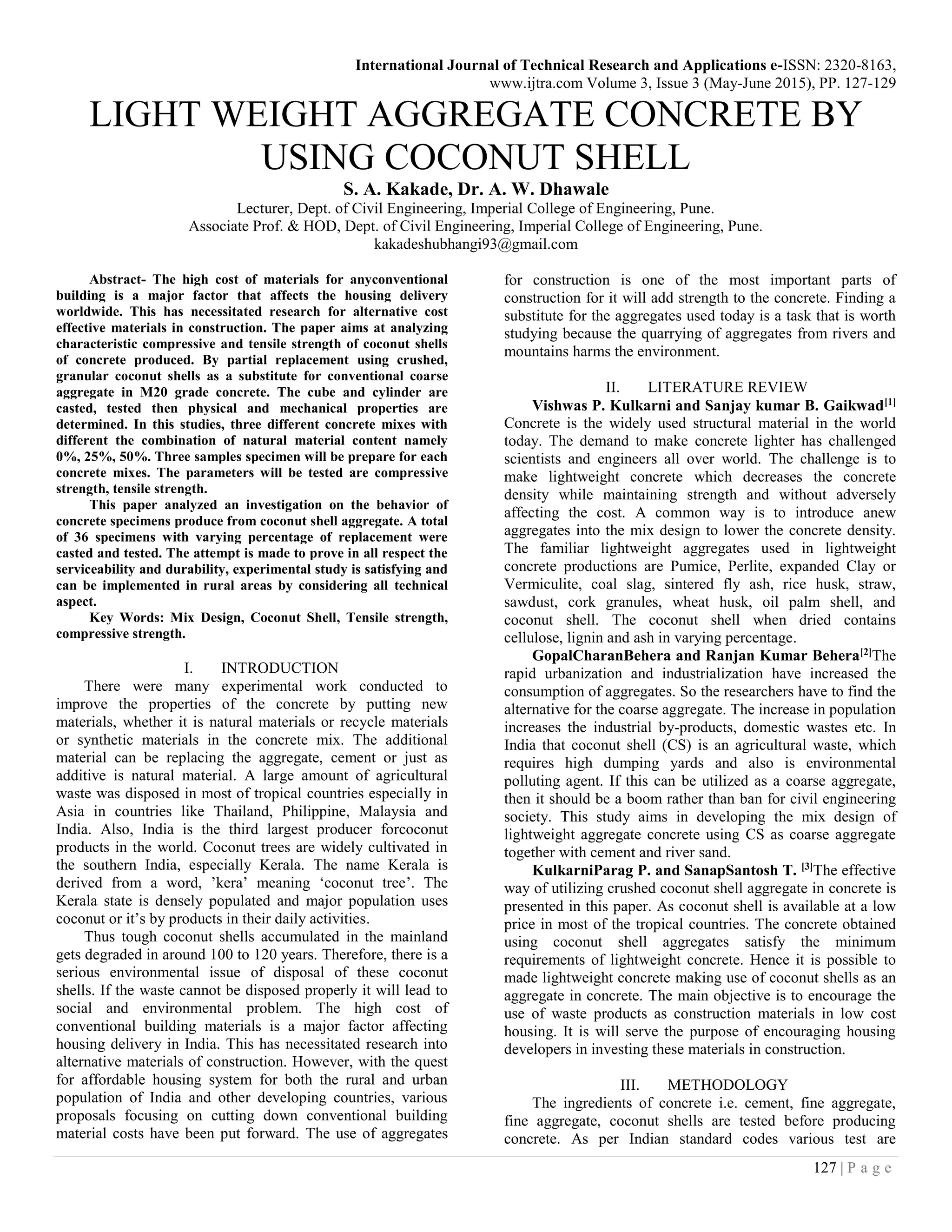 LIGHT WEIGHT AGGREGATE CONCRETE BY USING COCONUT SHELL | PDF